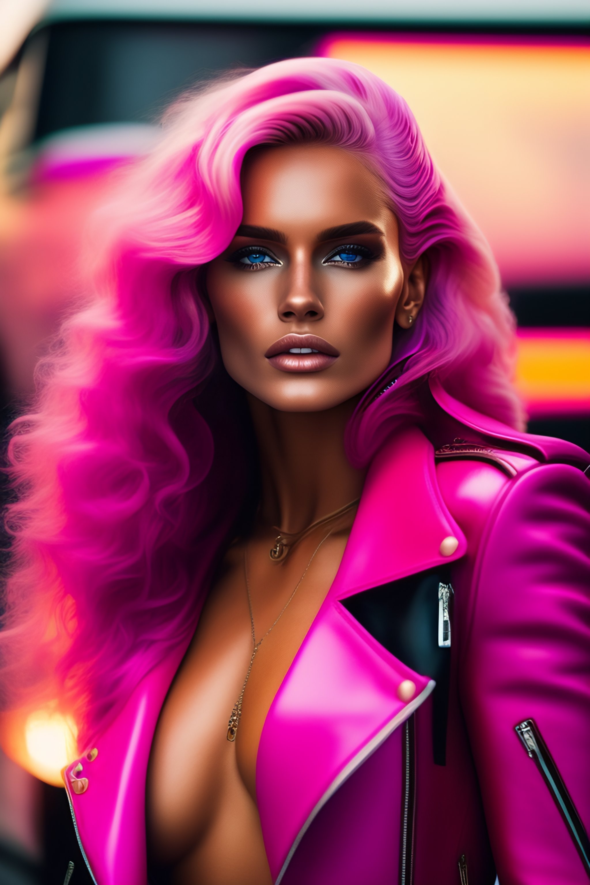 Lexica - Sexy long haired blonde in pink leather suit leaning up against a motobike