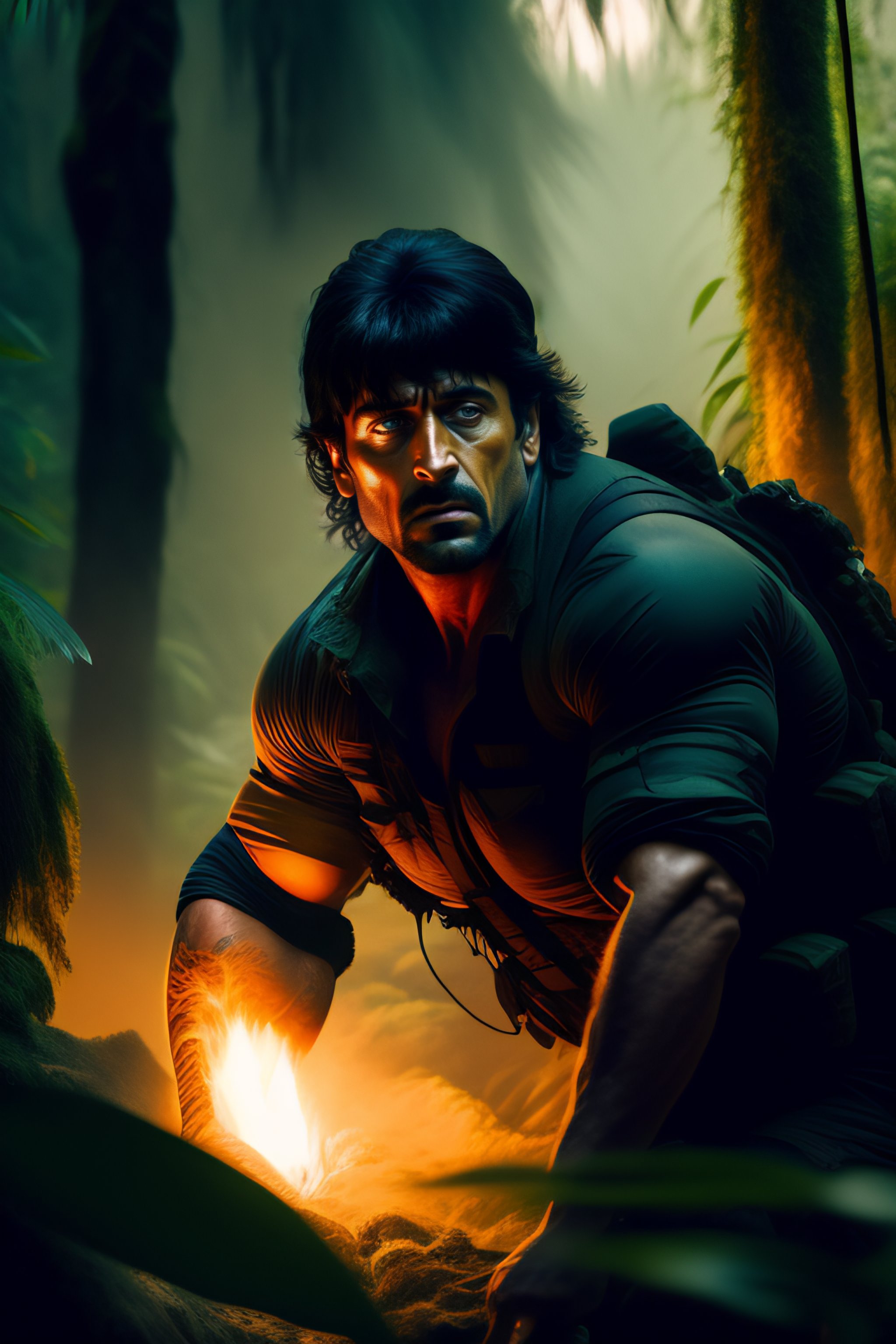 Lexica - Action shot of john rambo in a jungle, cinematic lighting ...