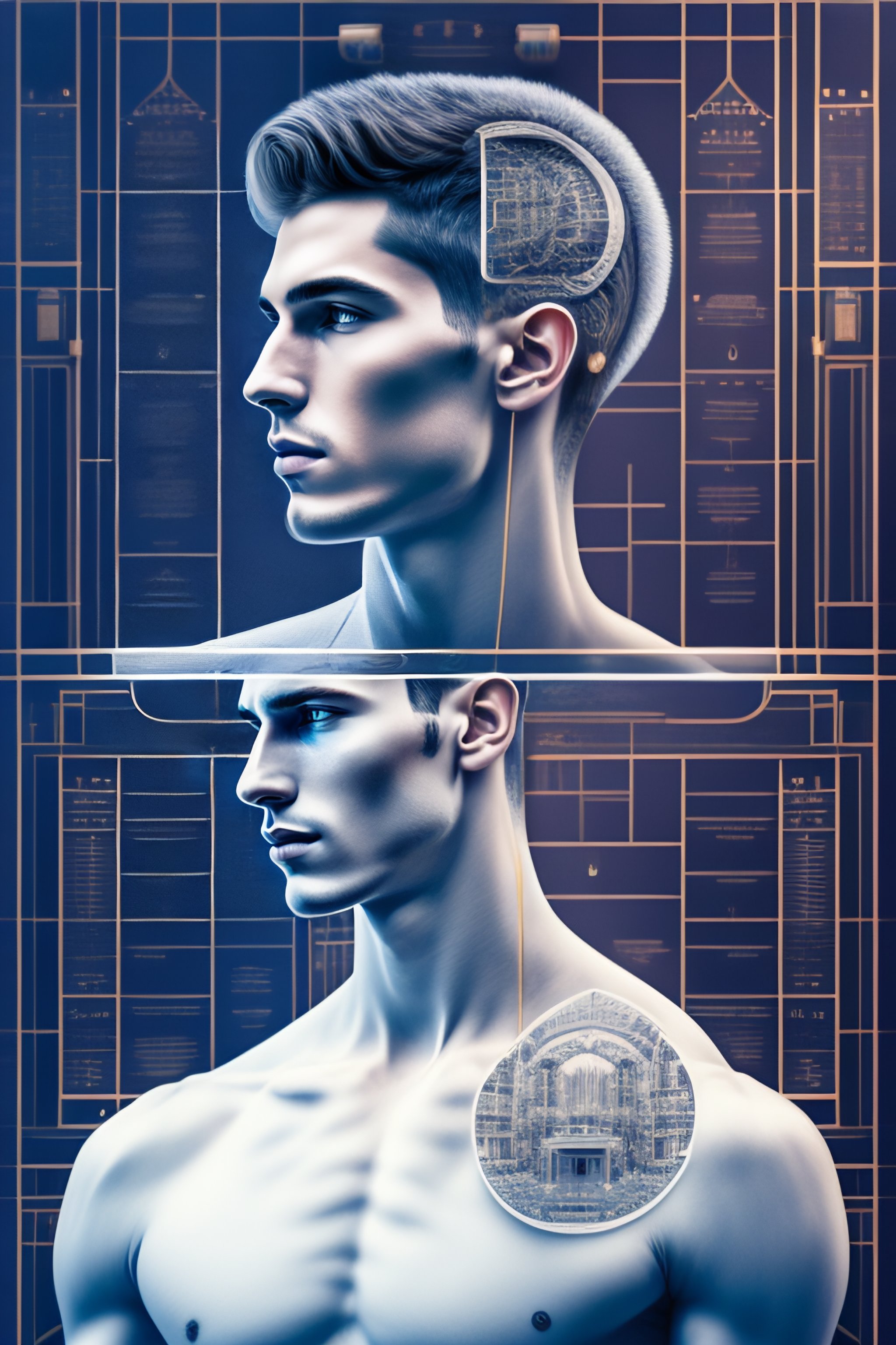 Lexica - Detailed schematics of a young male cyborg, Venetian man ...