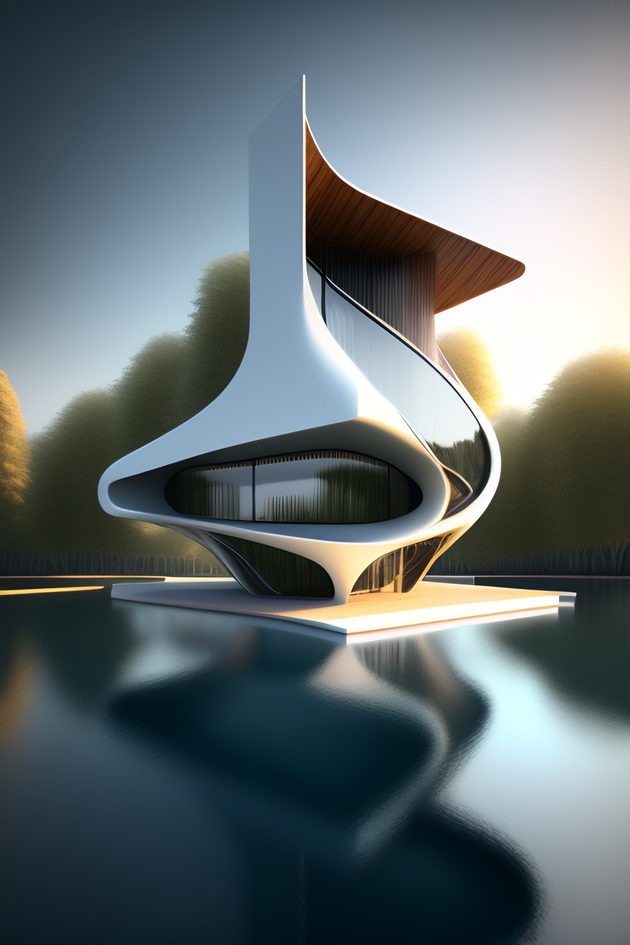 Lexica - Organic house next to the lake, zaha hadid, parametric, organic, render, 8k ...
