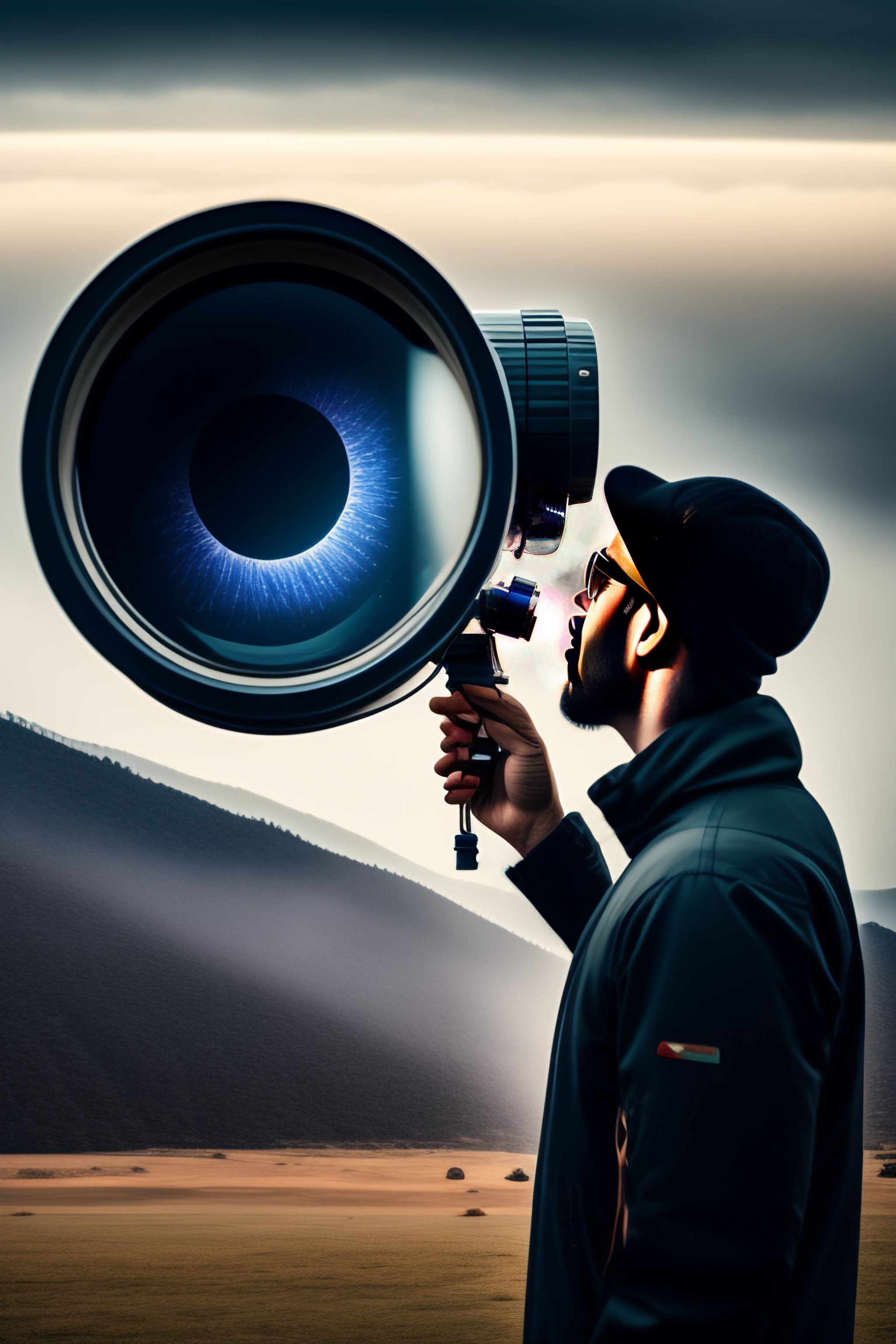 Lexica - A man looks at the world through a telescope connected to two ...