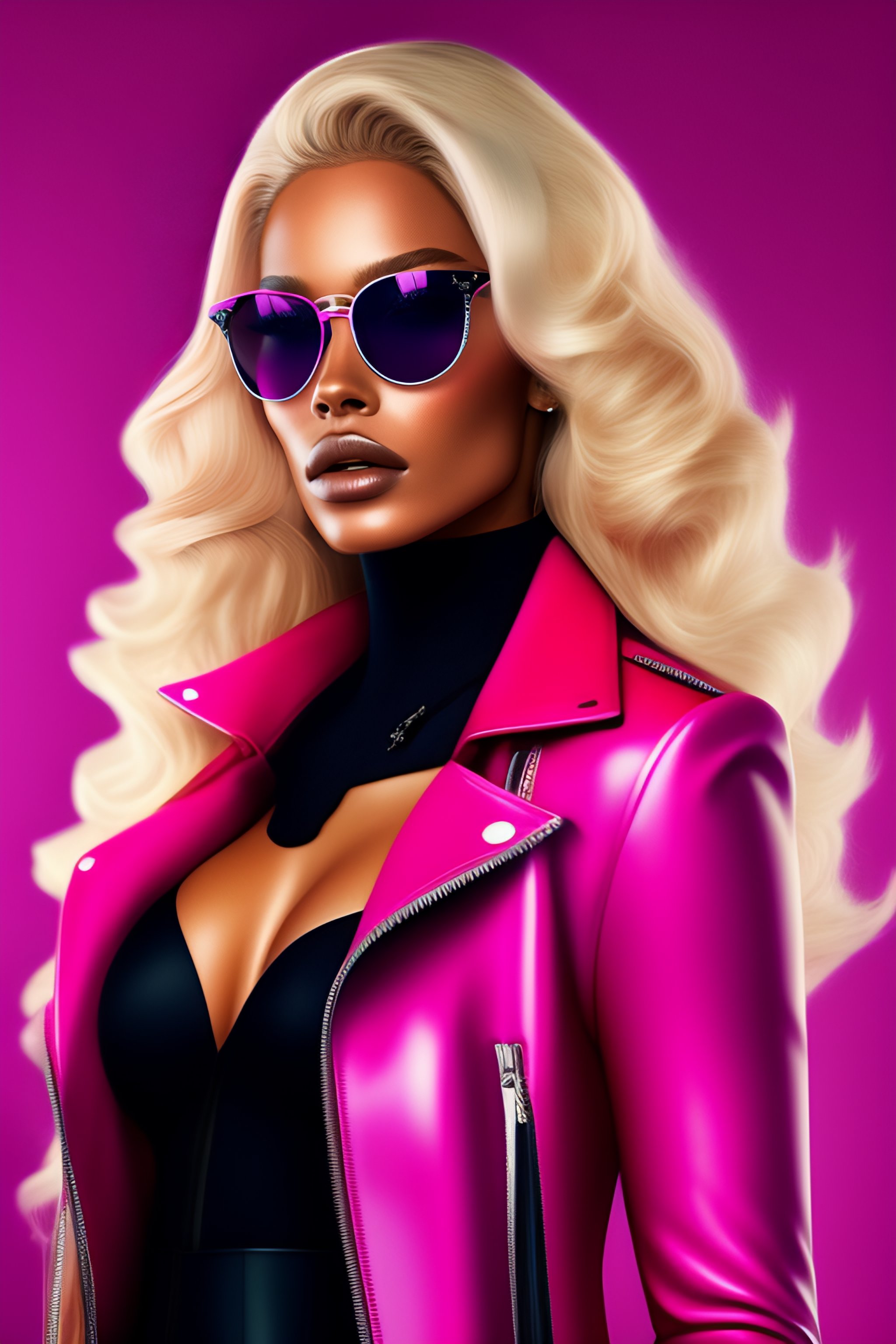 Lexica - Sexy long haired blonde in pink leather suit leaning up against a motobike, clear glasses