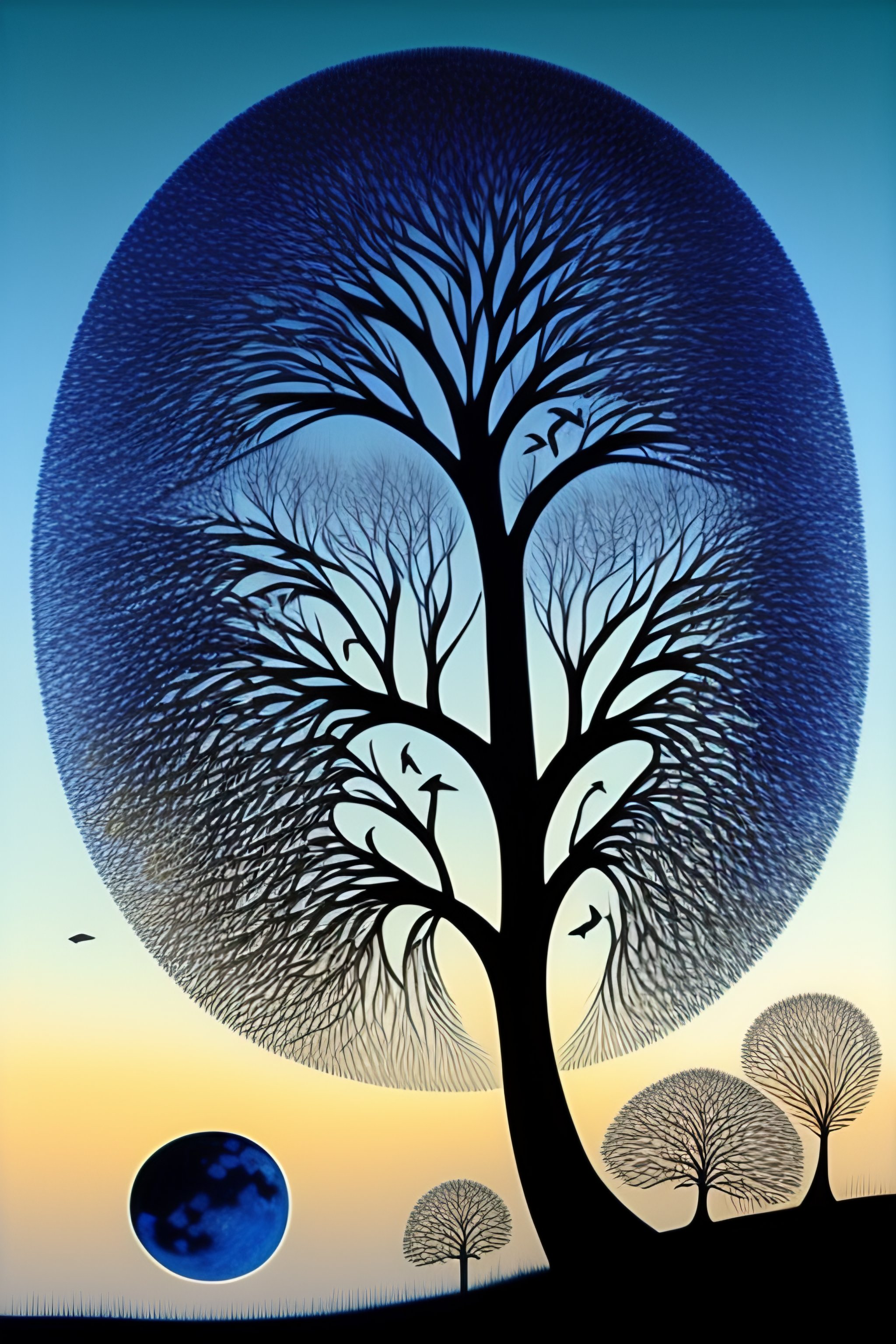Lexica - Tree with birds , moonlight , full moon, picasso