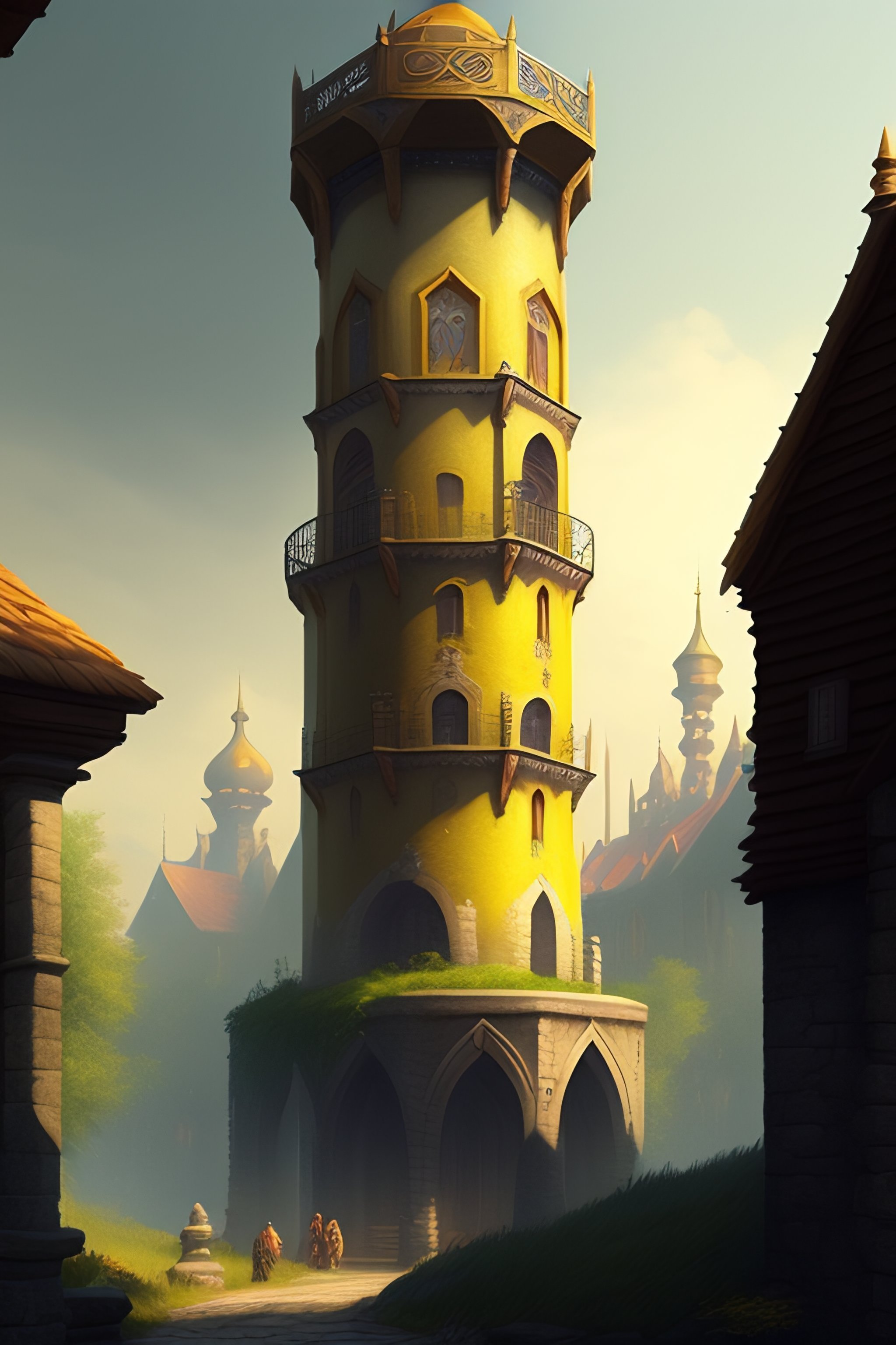 Lexica - An old small medieval yellow tower, city around the tower, artstation