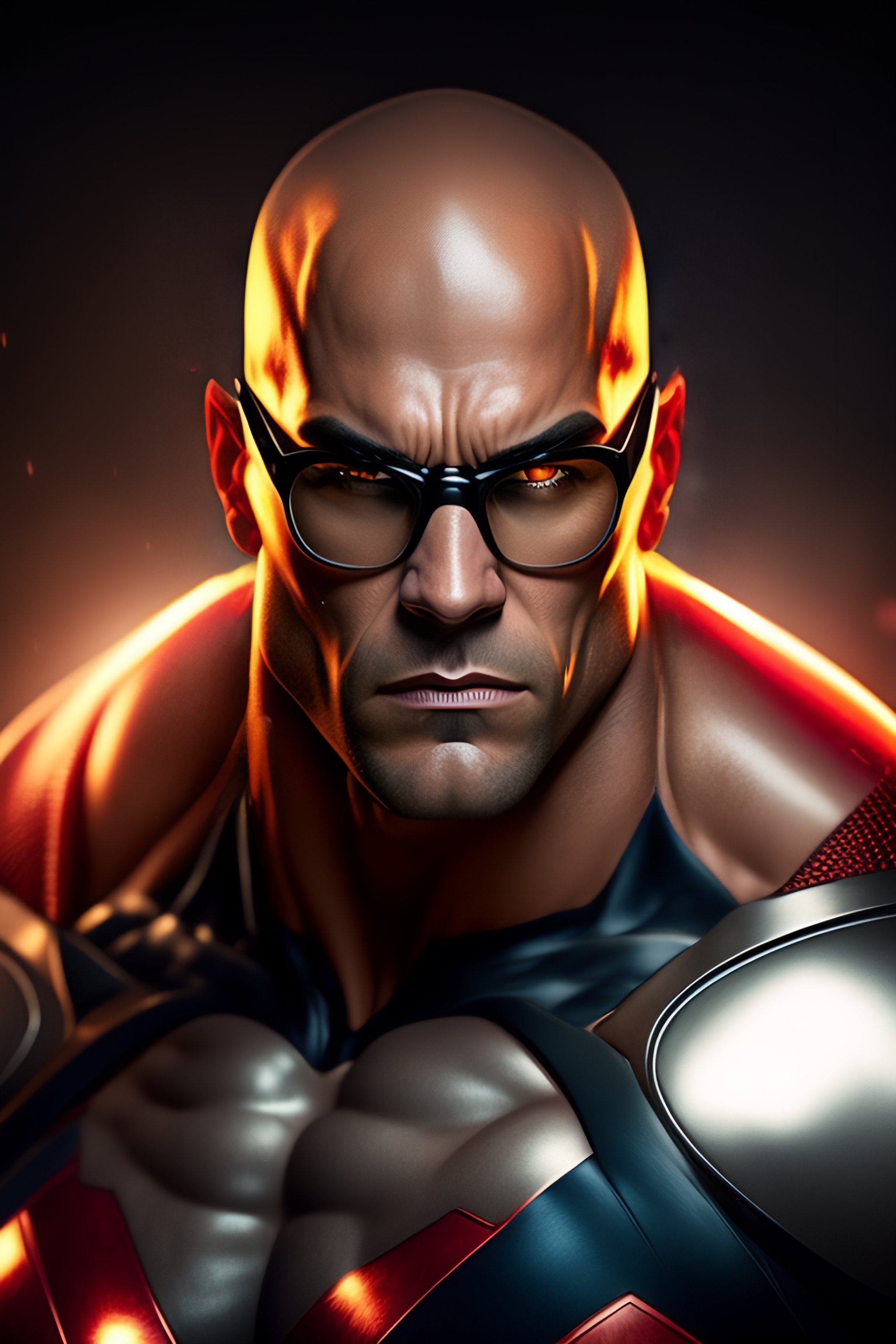Lexica - Picture of bald muscular superhero with glasses