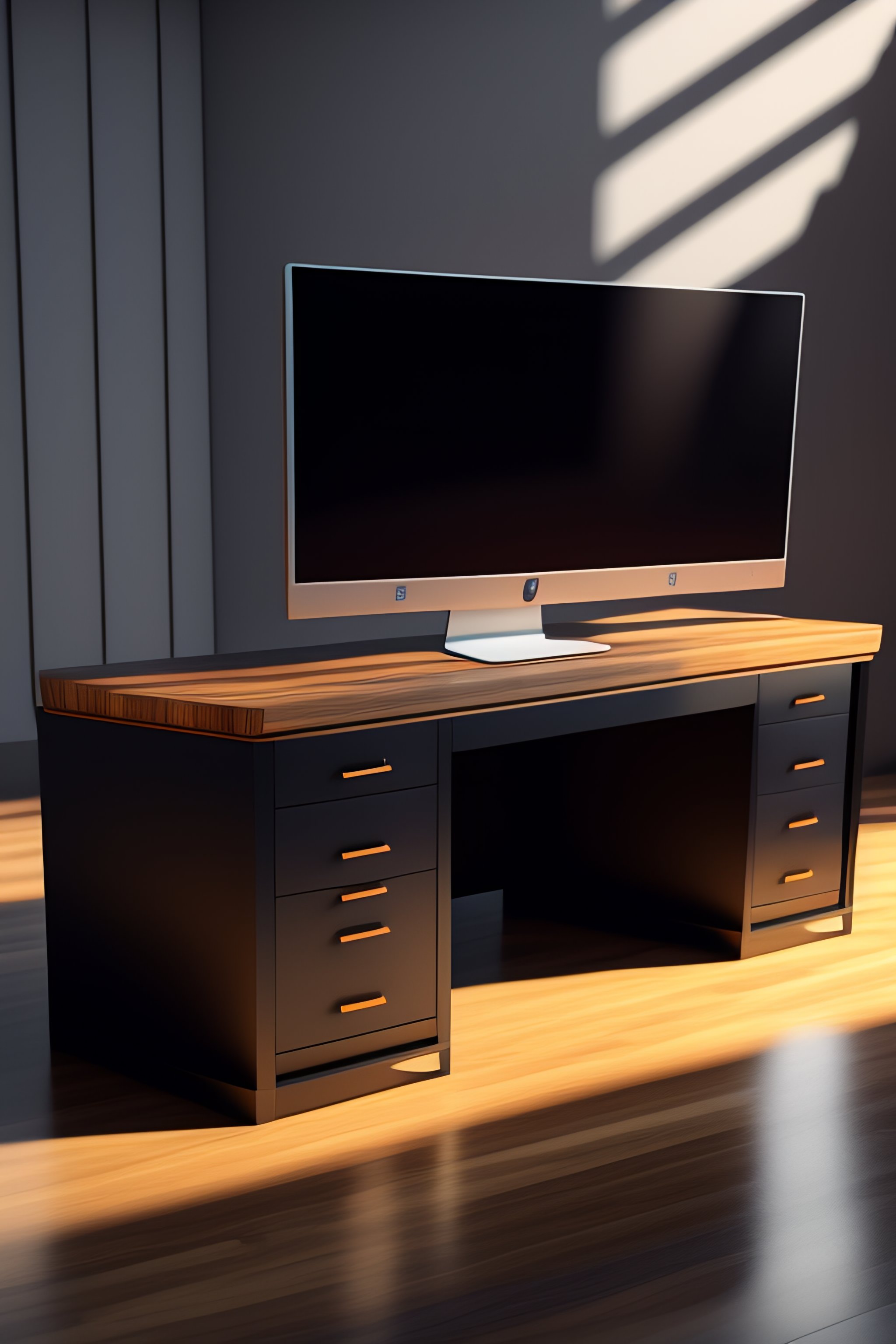 Lexica - A dark wood desk, with 2 longed curved monitors,very ...