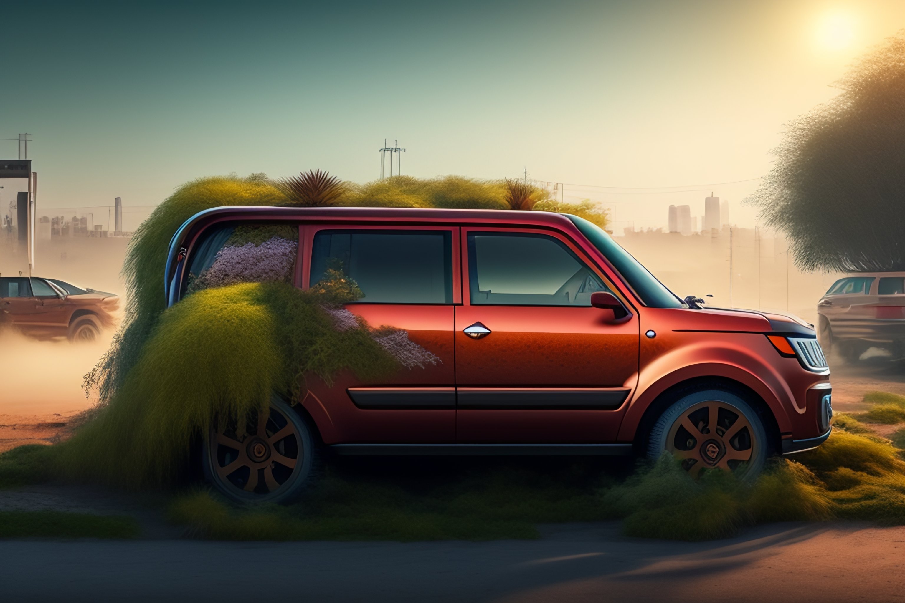 Lexica - 4k view of a car covered in vegetation with rusty body side of ...