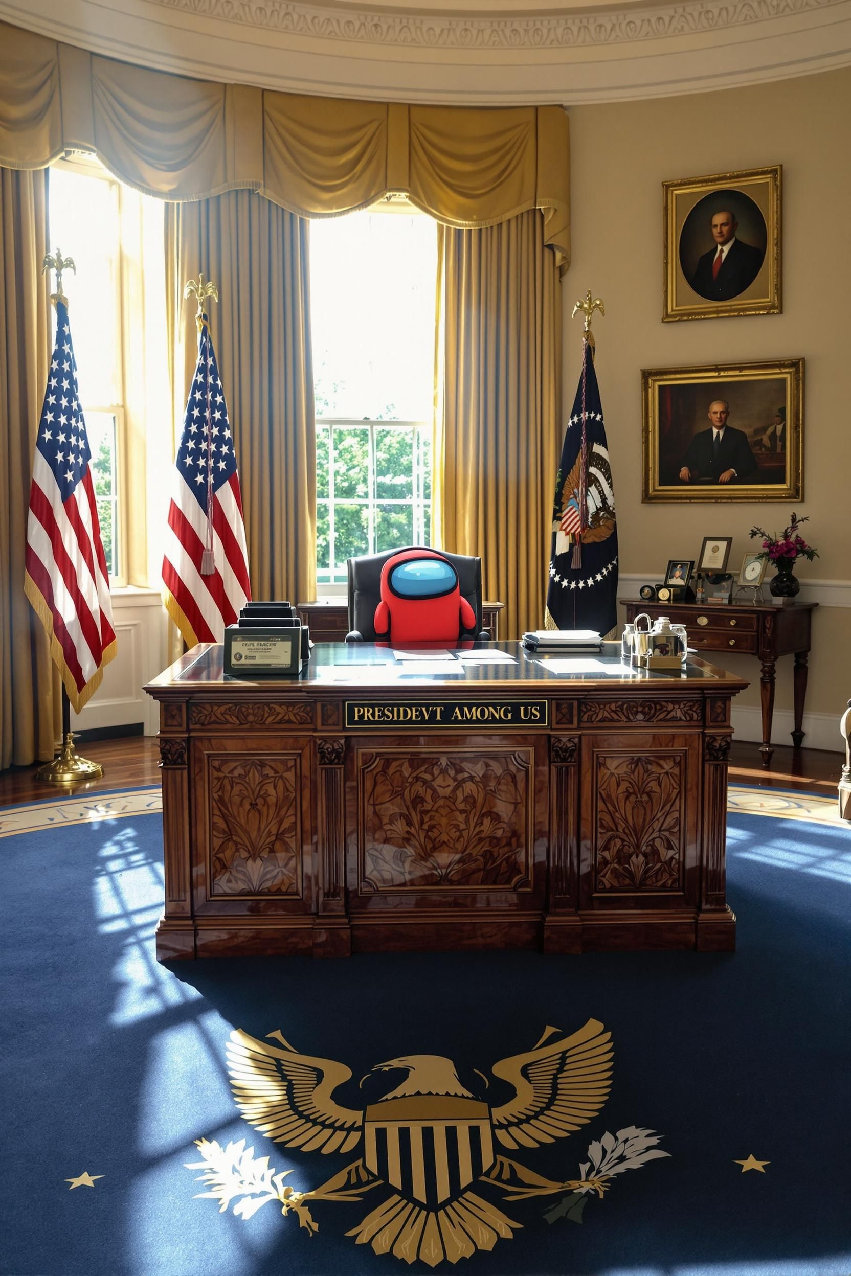 Lexica - An "among us" crewmate sitting at the presidential desk in the ...