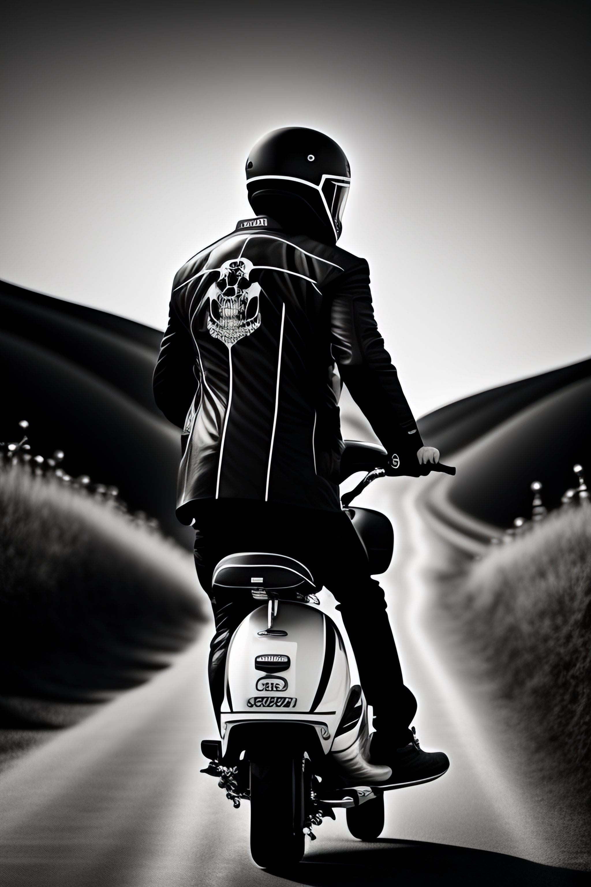 Lexica - Skitz of a human skeleton on a moving vespa px 80 in black white