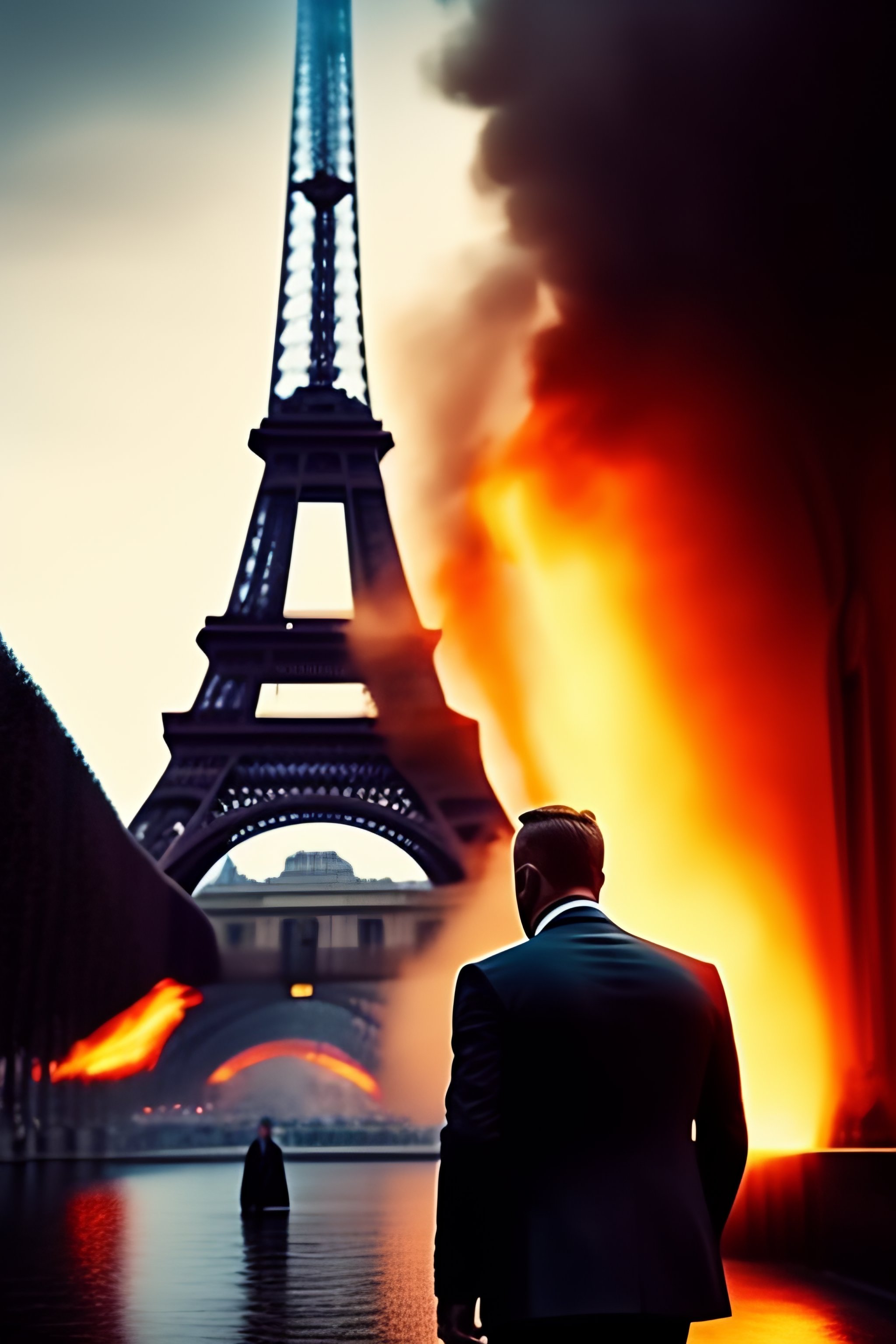 Lexica - James Bond, Daniel Craig walking away from exploding Eiffel tower toward the camera ...