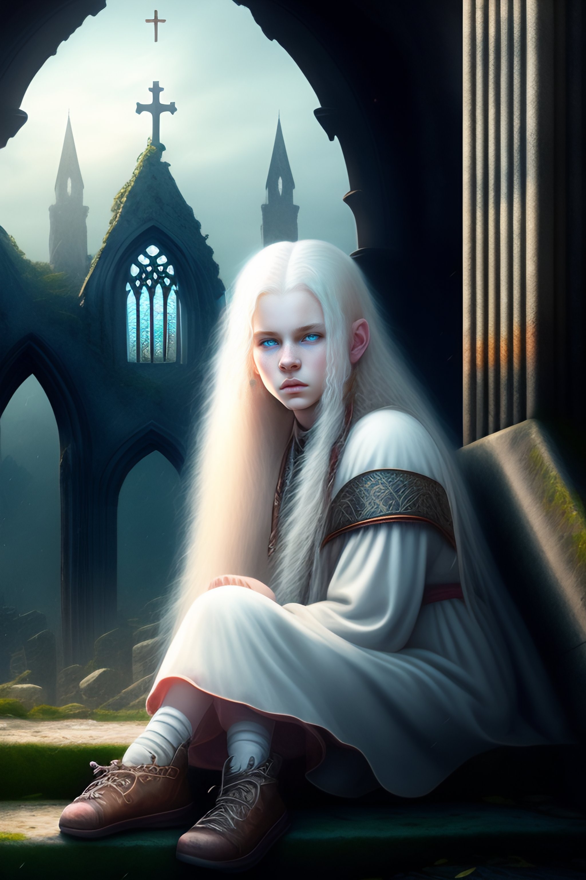 Lexica - 12 years old sad looking albino vampire female sitting on the ...