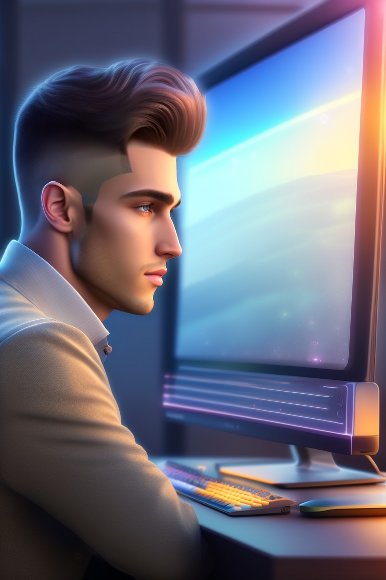 Lexica - A young man sitting at the computer on a realistic and ...