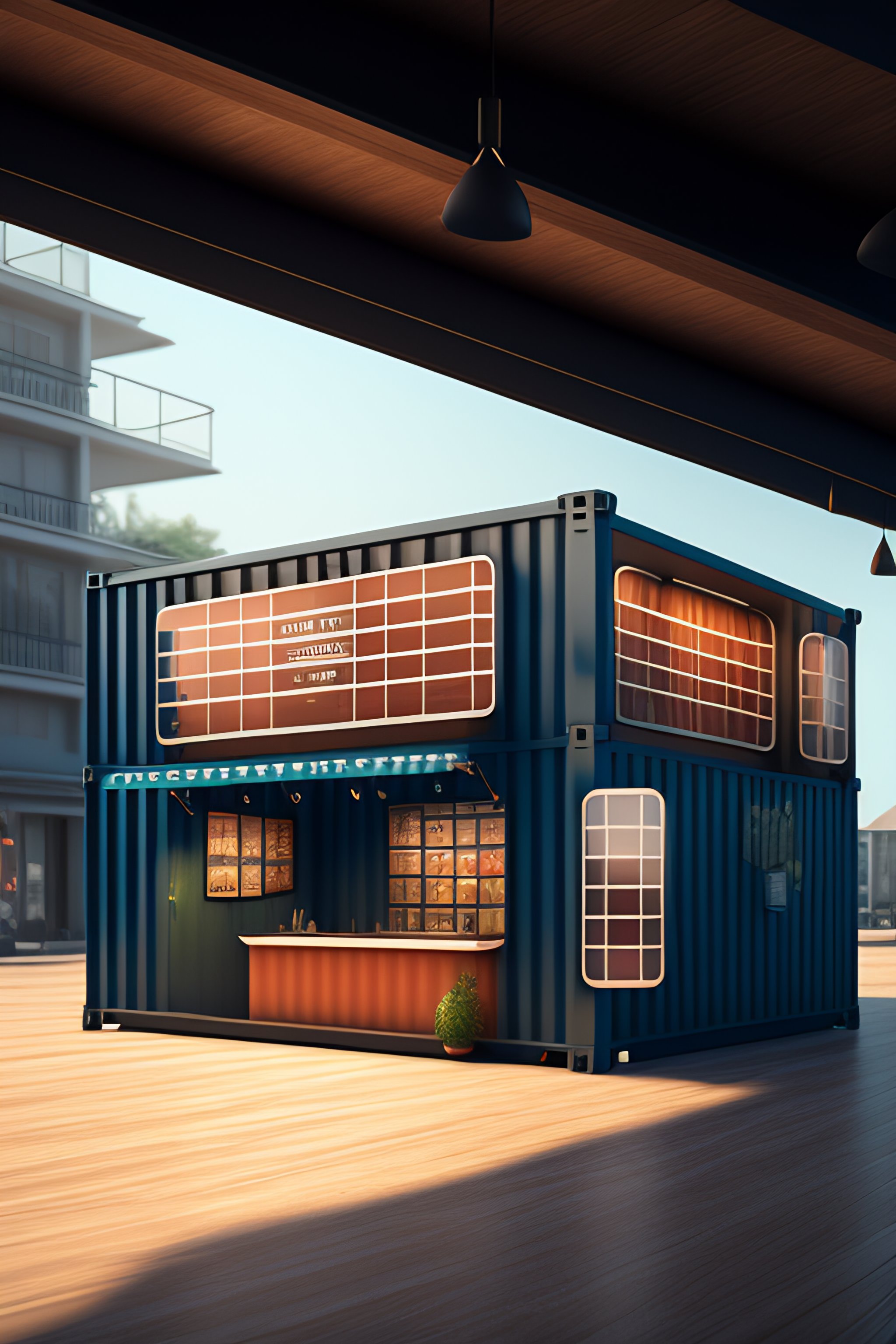 Lexica - Architectural render of a fish restaurant inside a container ...