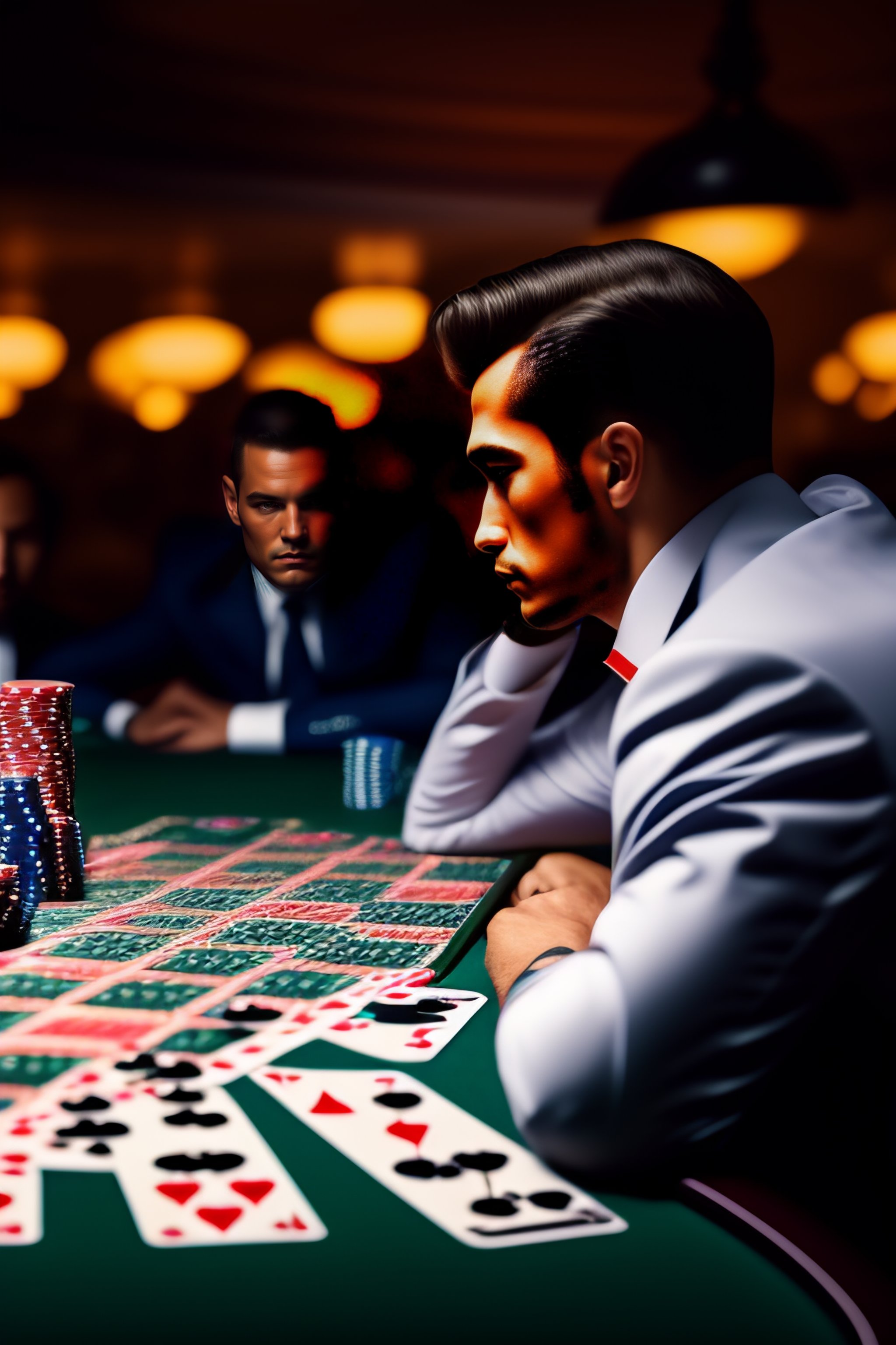 Lexica - Card dealer with half robot face At a poker table frontview ...