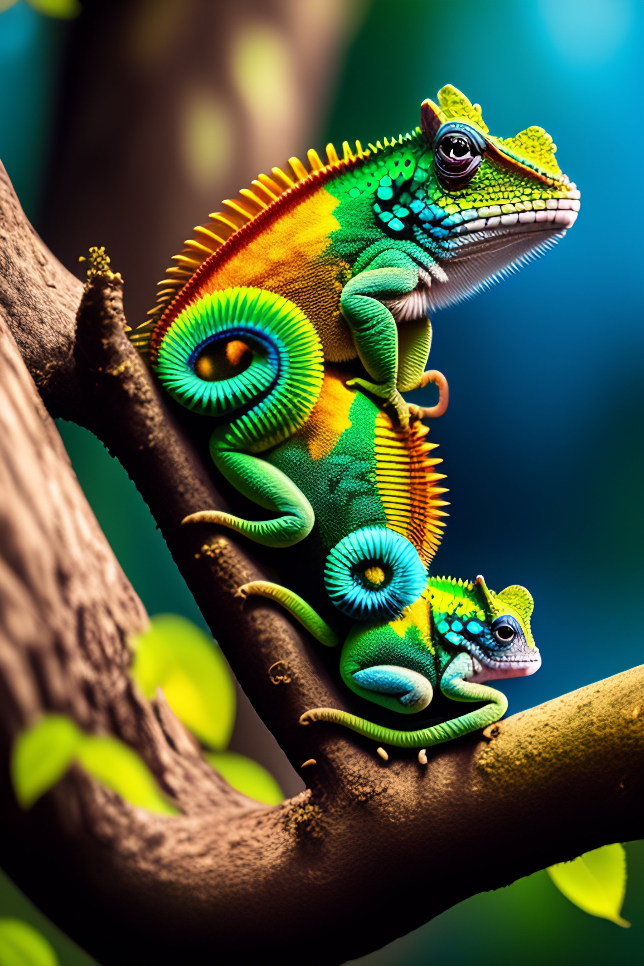 Lexica - A colorful chameleon climbing a tree with its cubs