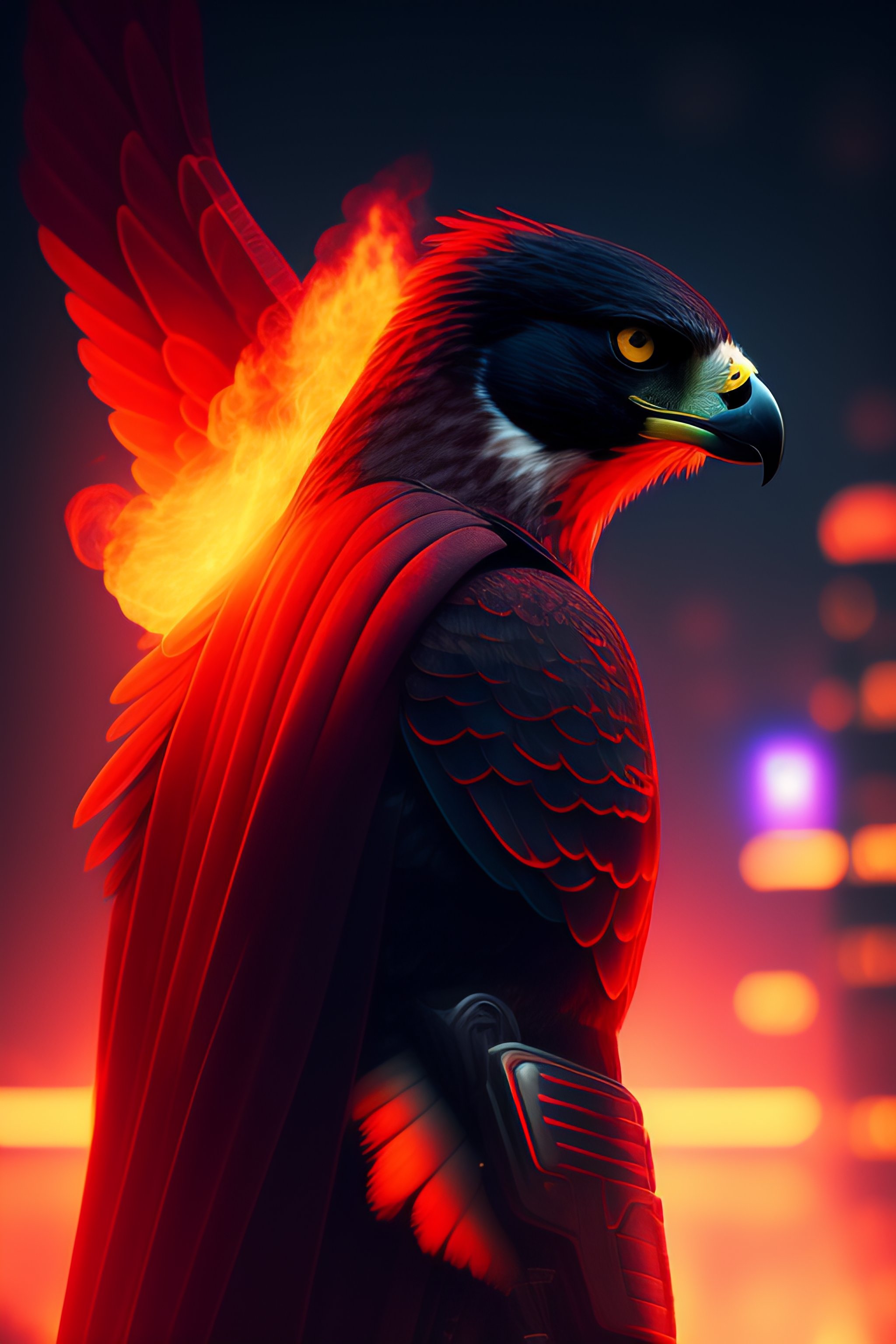 Lexica - A hawk with red eyes flying by night, flames and burning ...
