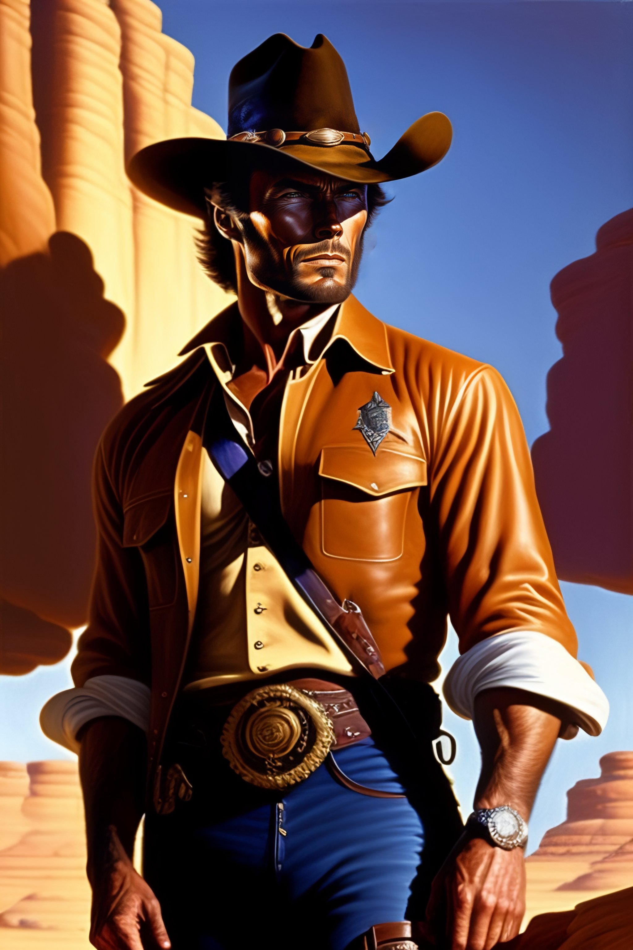 Lexica - Clint eastwood portrait shot of a rugged western cowboy firing ...