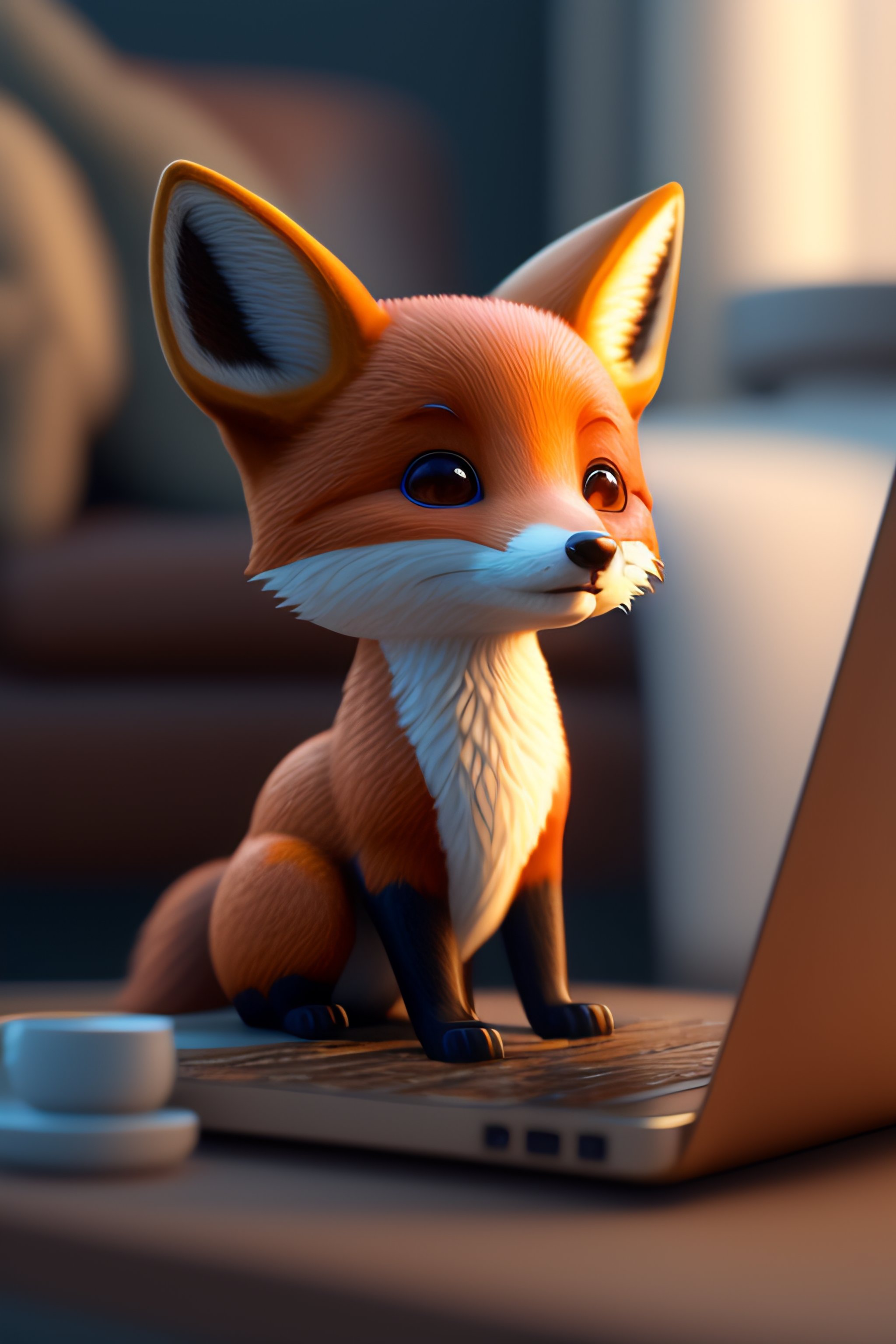 Lexica - Cute small humanoid fox sitting in front of laptop, unreal ...