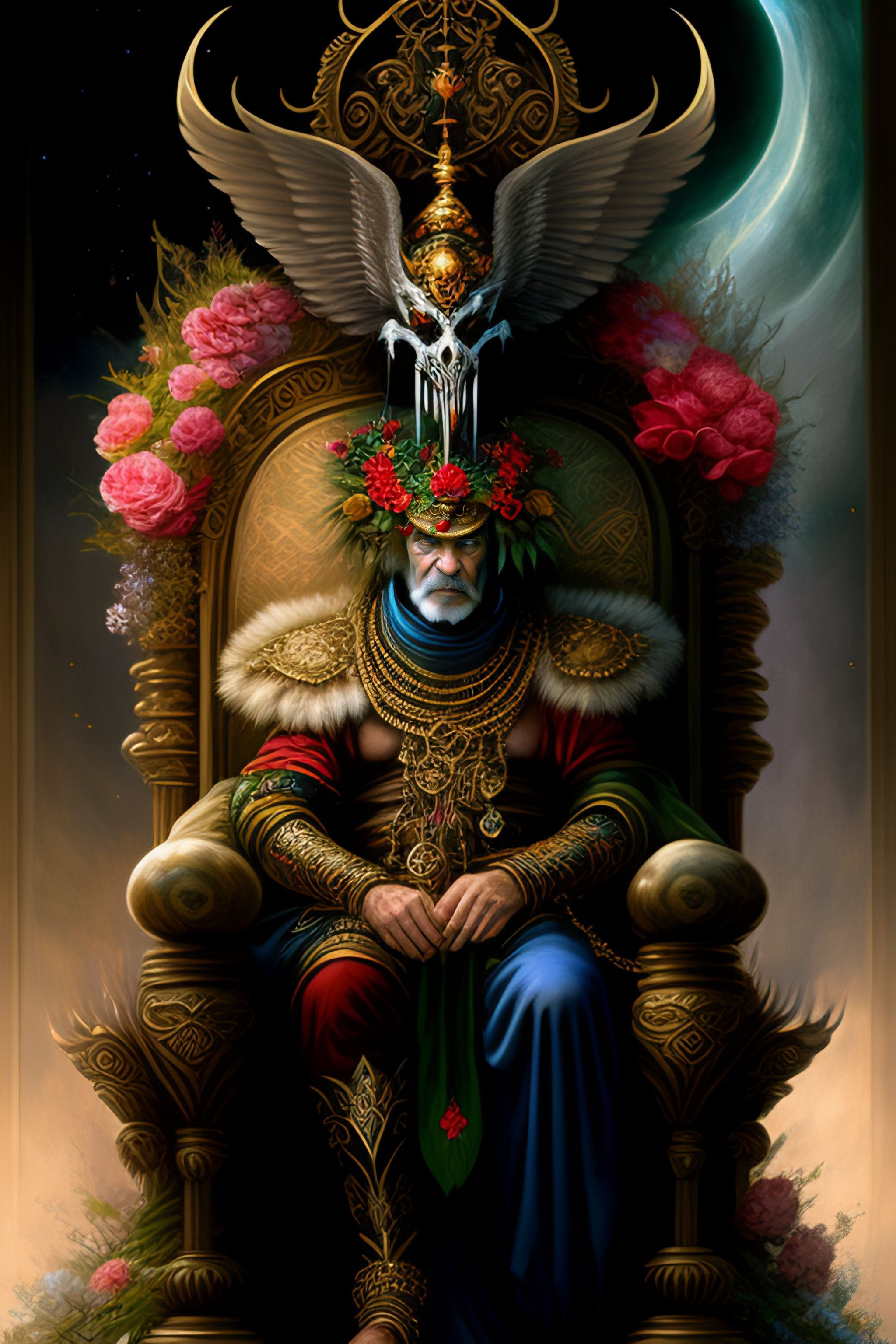 Lexica - An old ugly jester with a wreath of flowers and birds on his ...