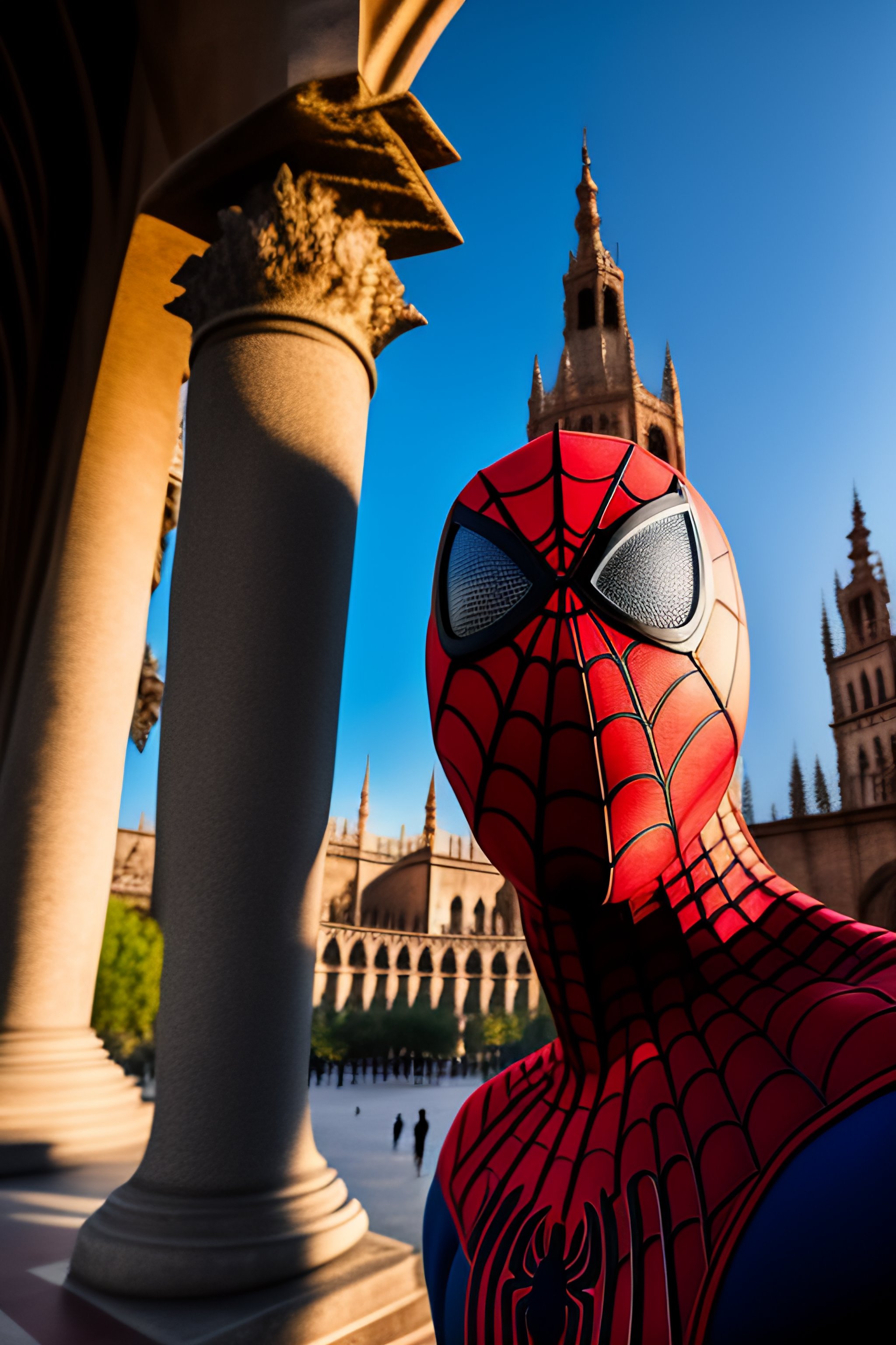 Lexica - Spiderman taking a selfie in the Giralda monument in Seville ...