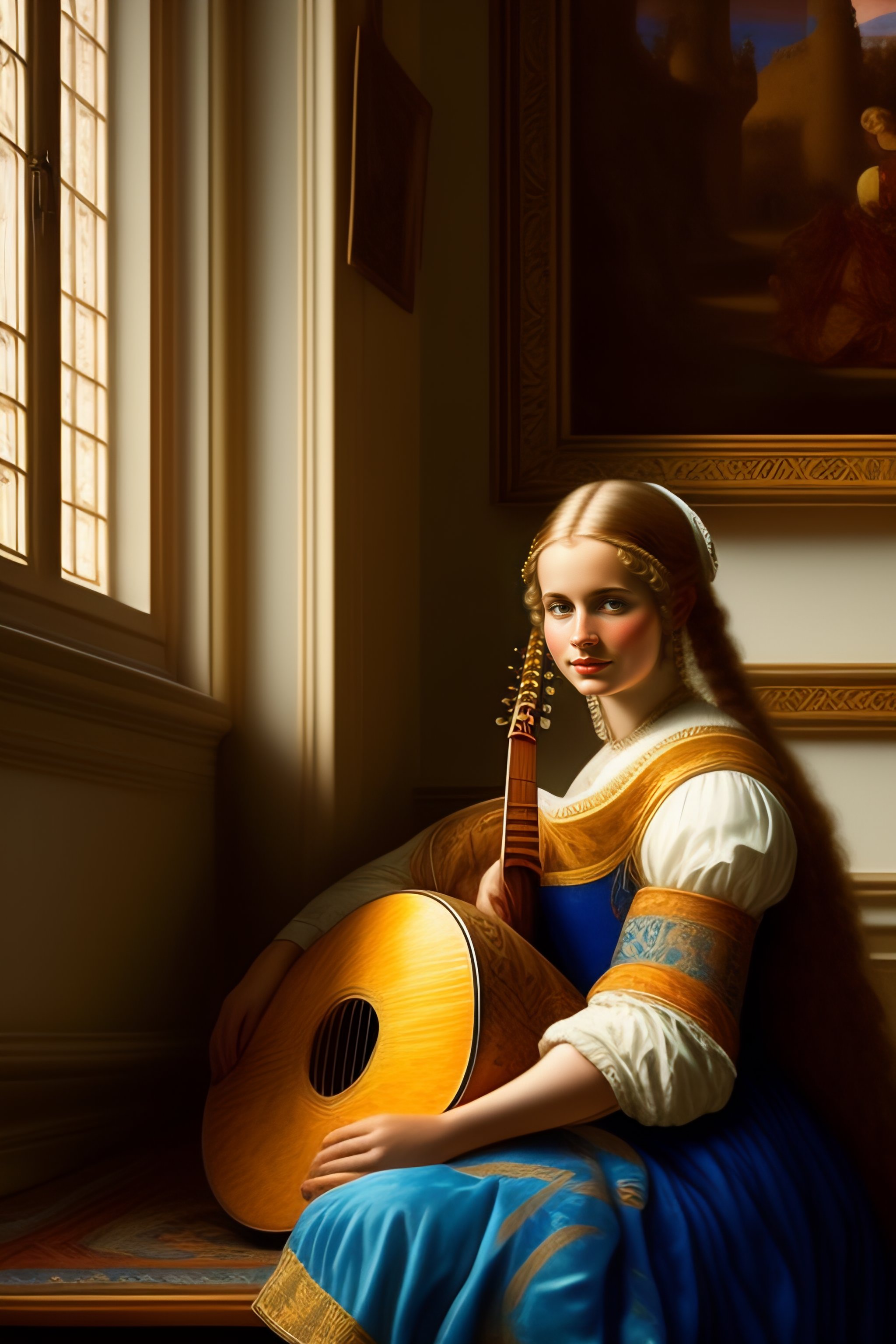 Lexica - Young lady playing lute, blond hair, window on her right ...