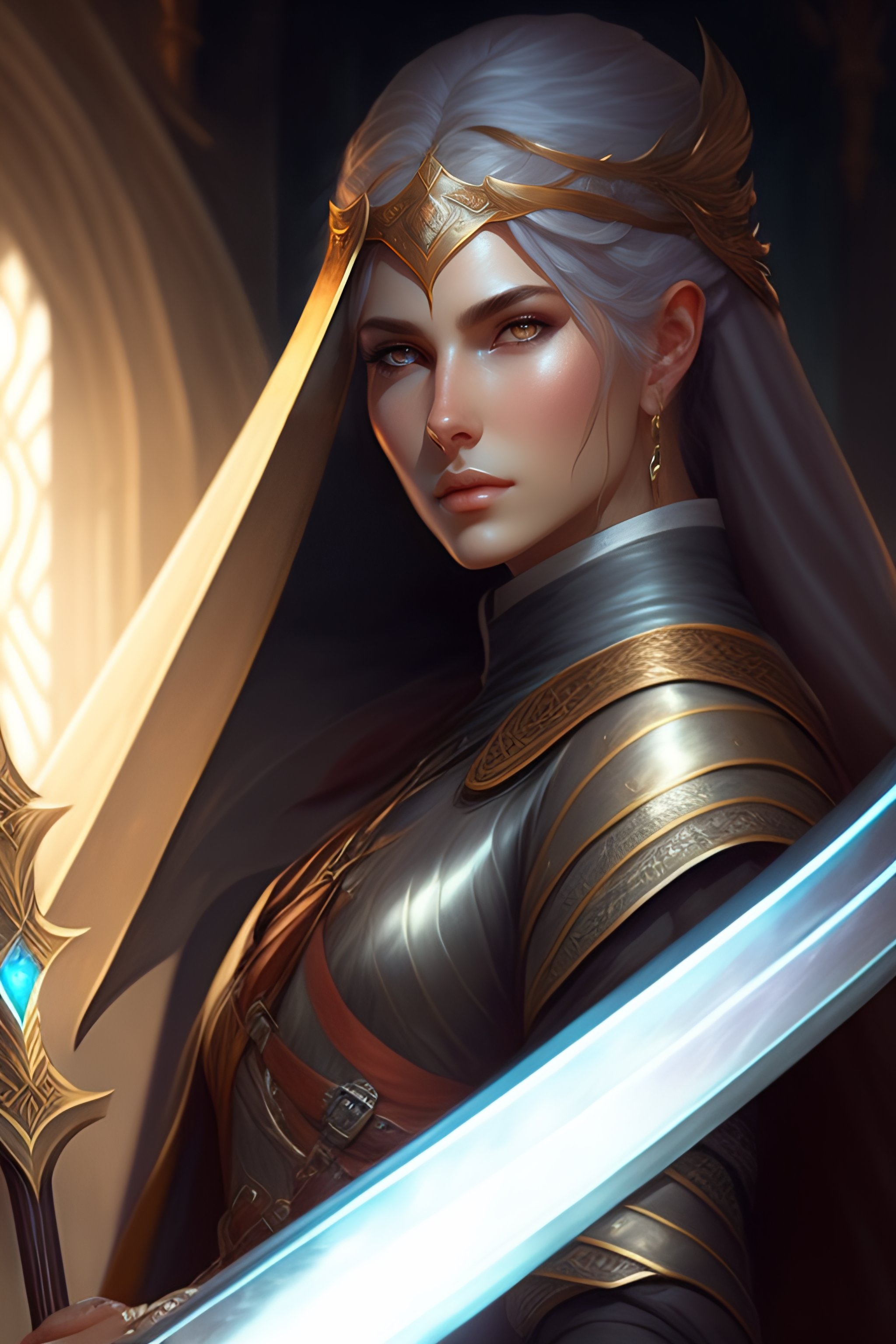 Lexica - Young female cleric in center, dnd, fantasy, gray hair ...