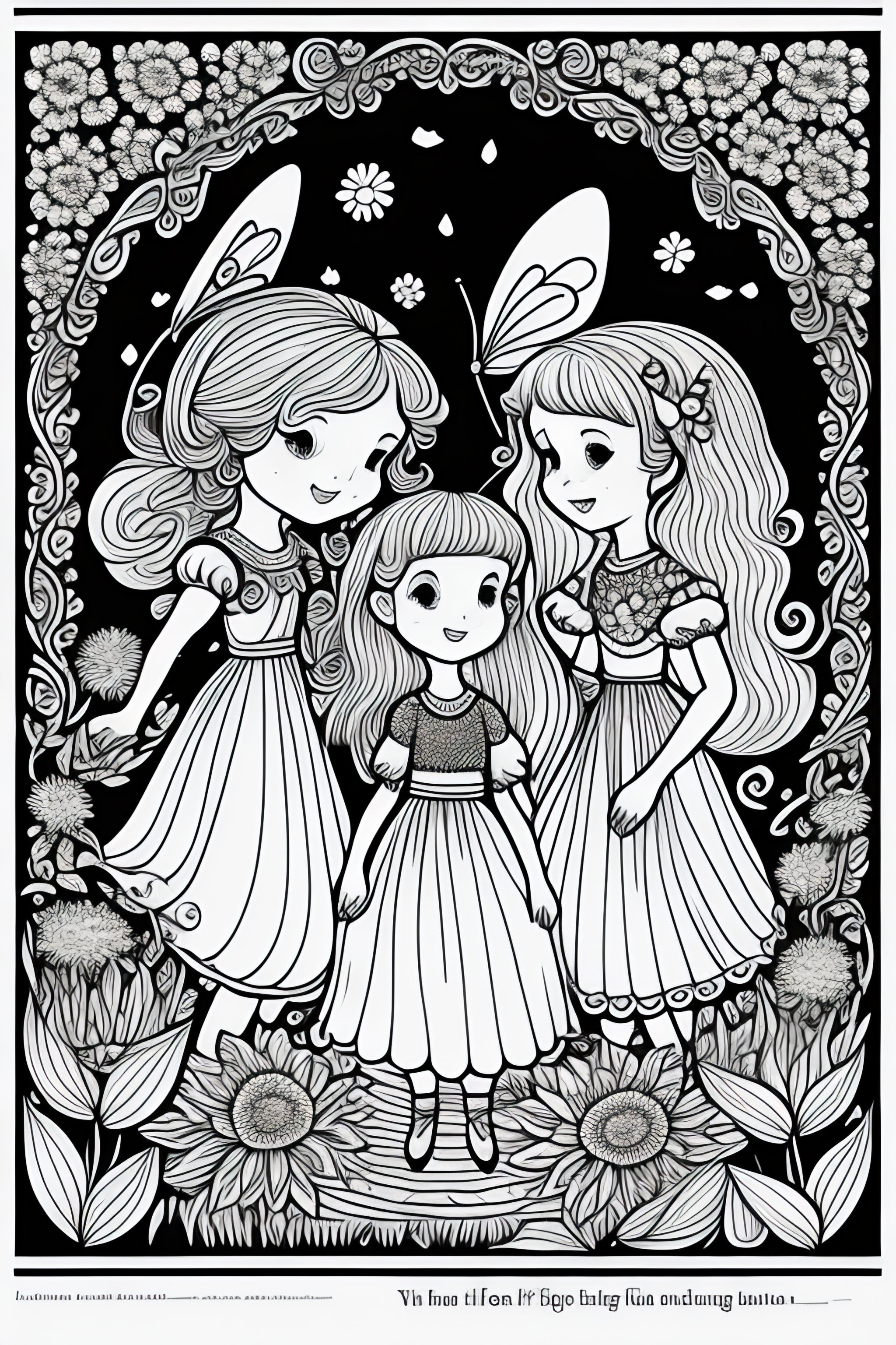 Lexica - Coloring page of group of fairies flitting about among the flowers