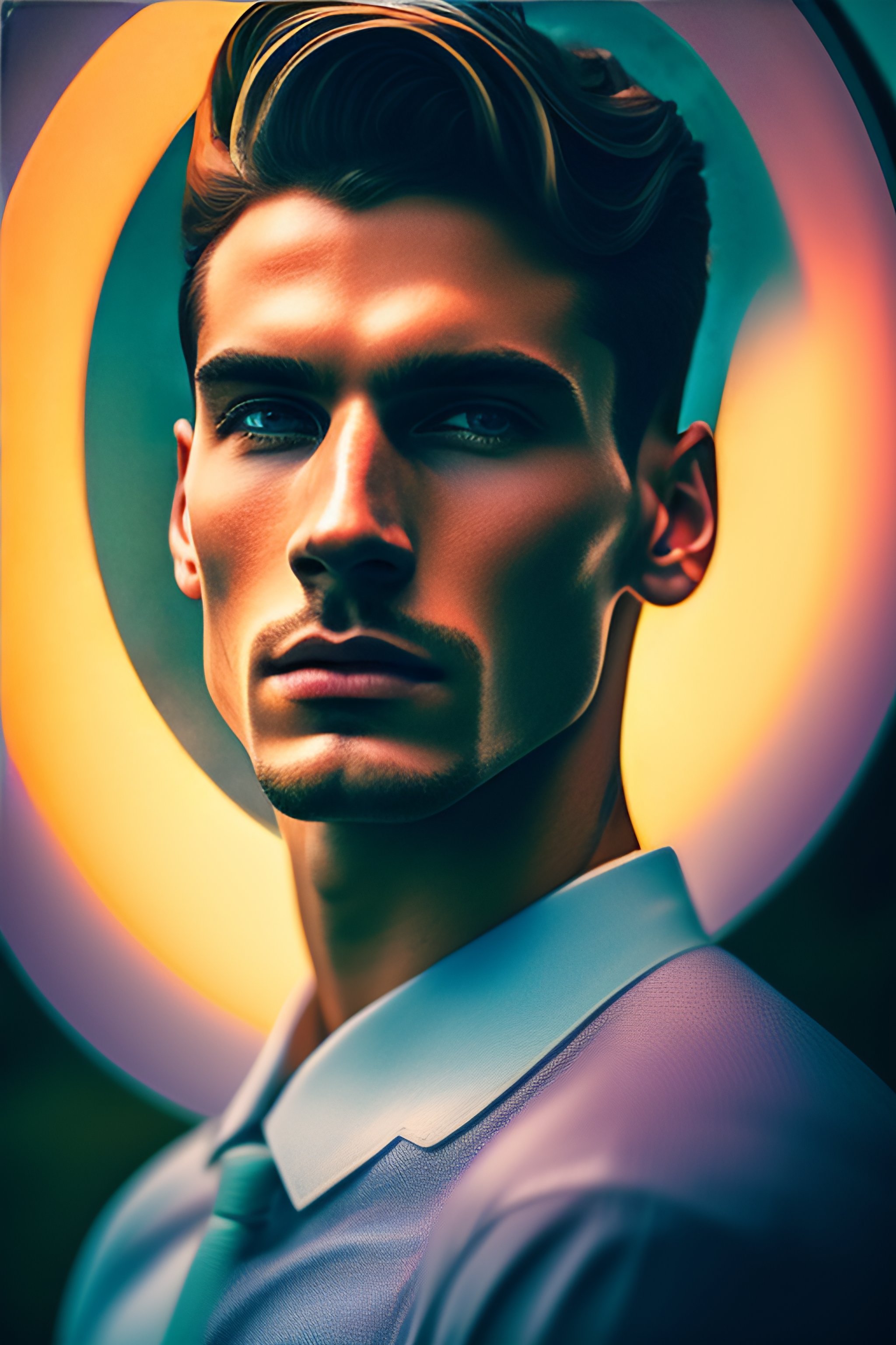 Lexica - Symmetry, man, portrait, rim light, 1950's, futuristic background