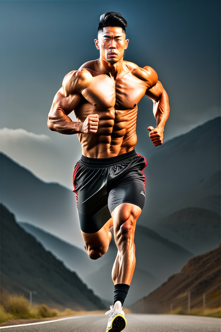 Lexica - Muscular male runner is running on the road,strong,feded cut ...