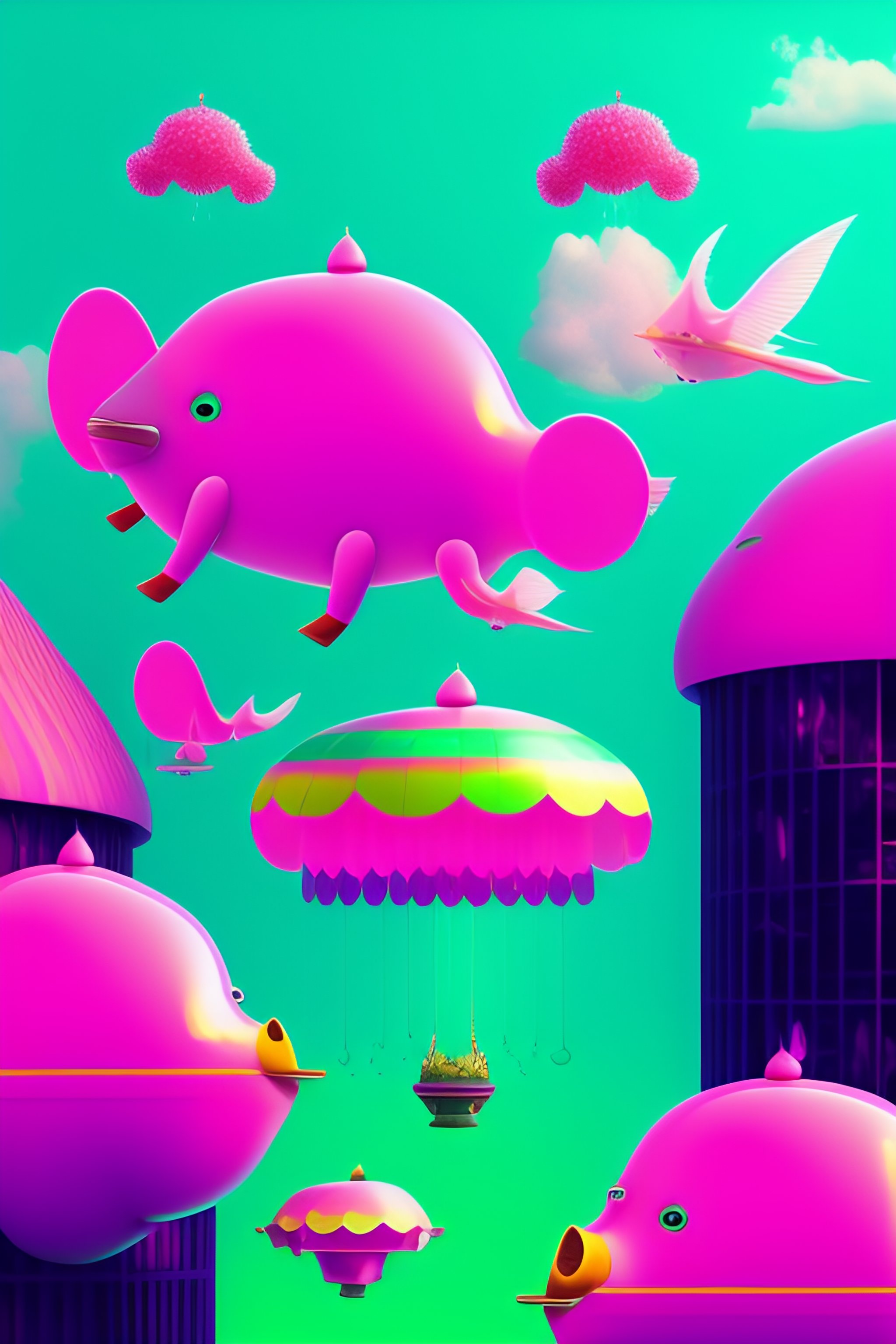 Lexica - Winged pigs flying between jellyfish and pink clouds ...