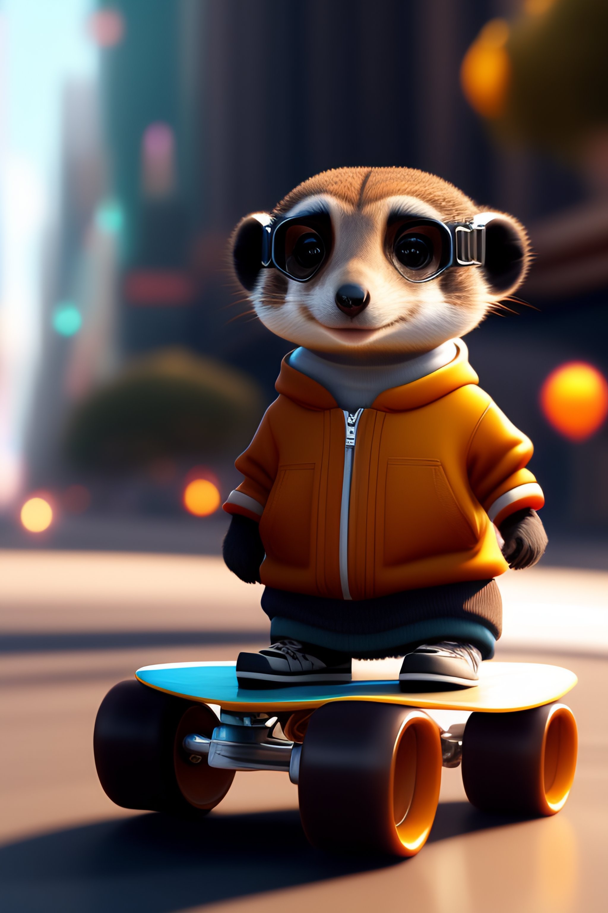 Lexica - Cute little humanoid meerkat, riding action with a skateboard ...