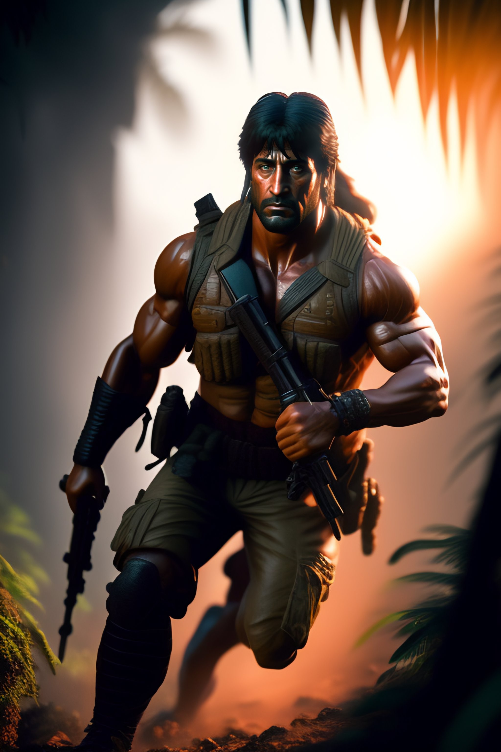 Lexica - Action shot of john rambo in a jungle, cinematic lighting ...