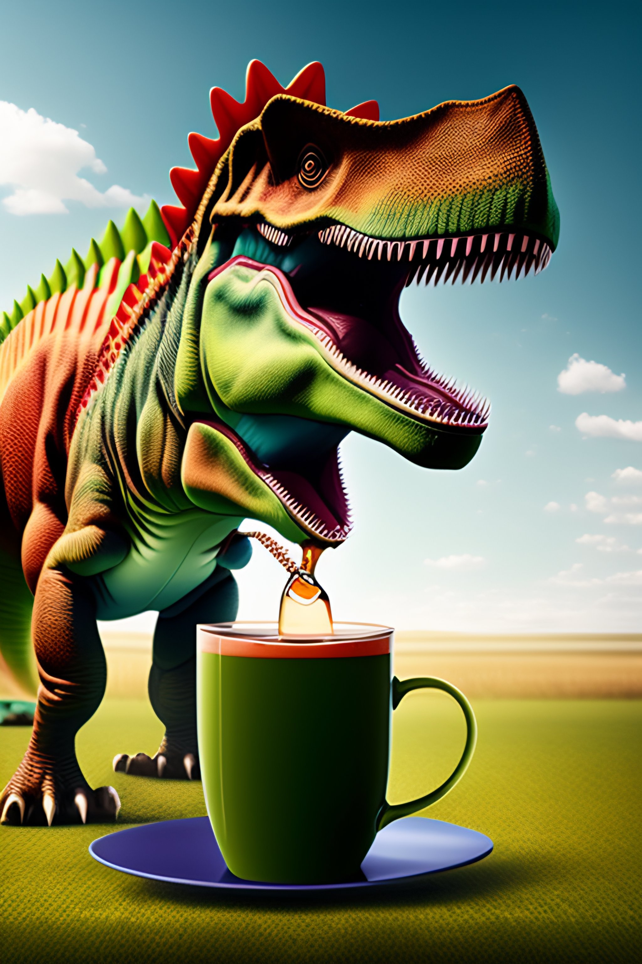 Lexica - Dinosaur drinking tea with its hands