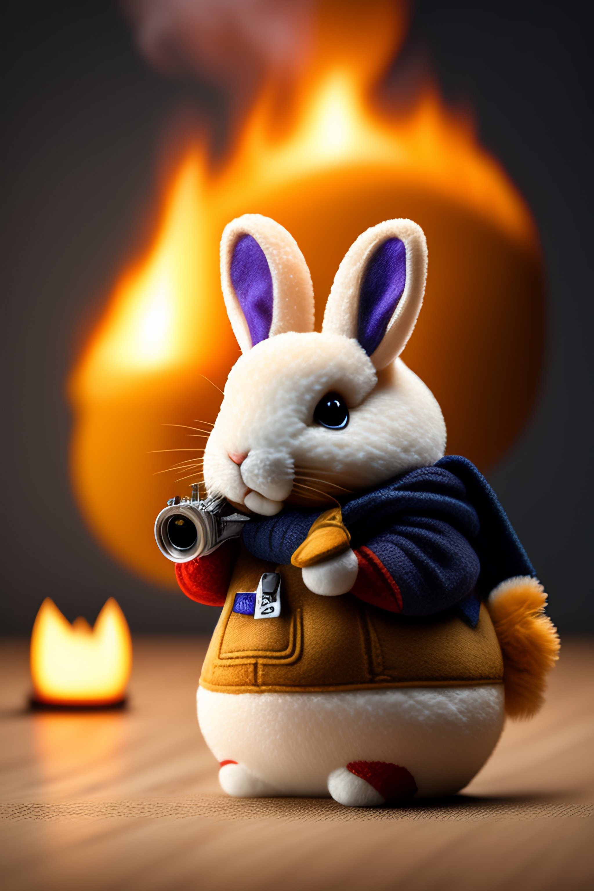Lexica - Plush rabbit scary mug with a machine gun on the background of ...