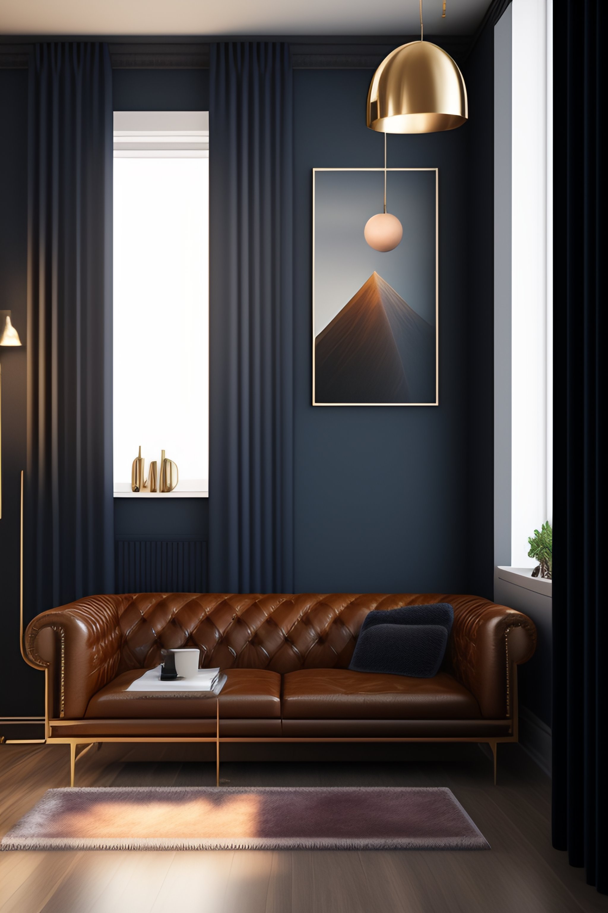 Lexica - Room with dark wall color and a leather couch, above a noble ...