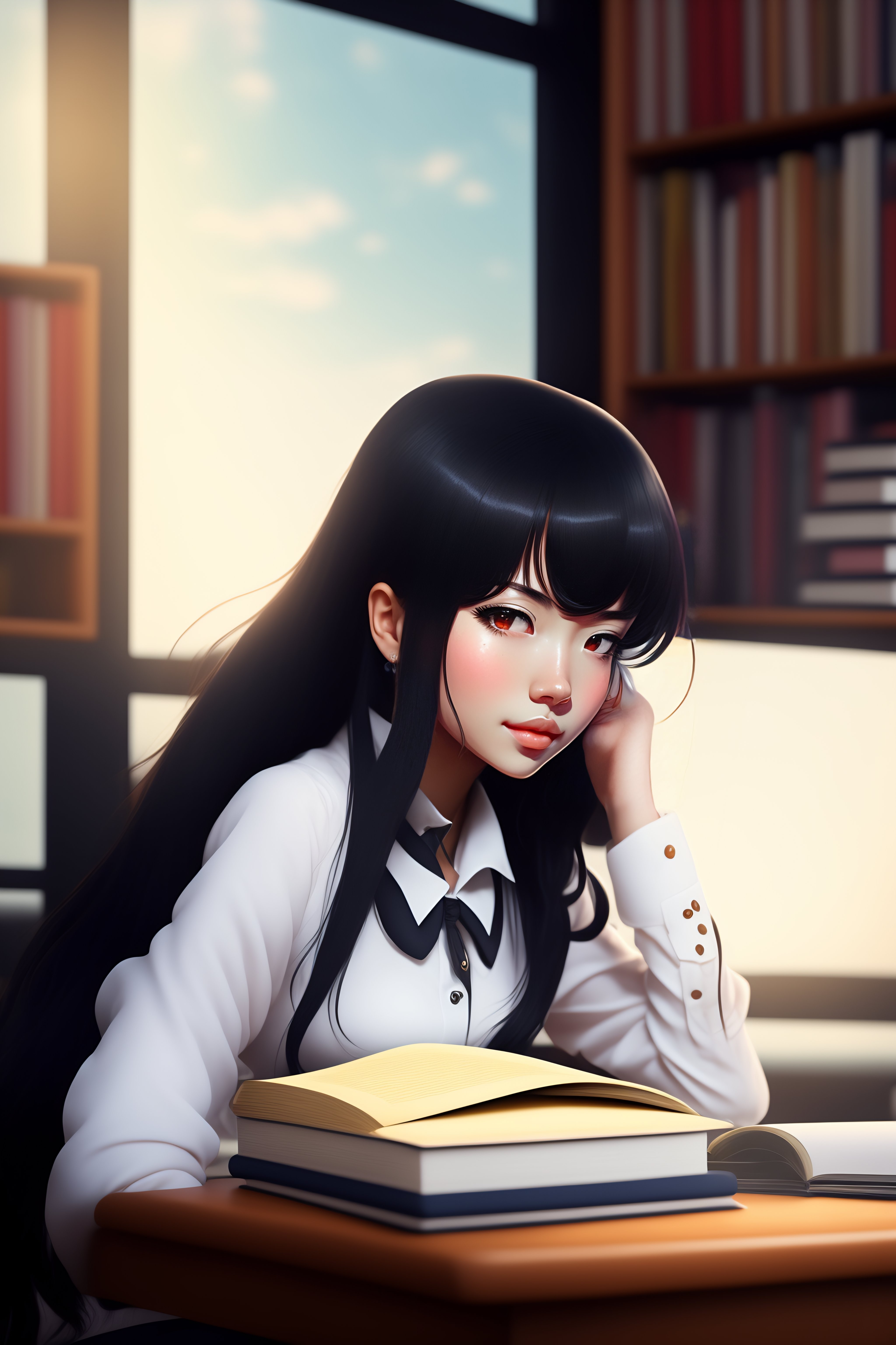 Lexica - An anime girl sits at a desk, surrounded by books and notes ...