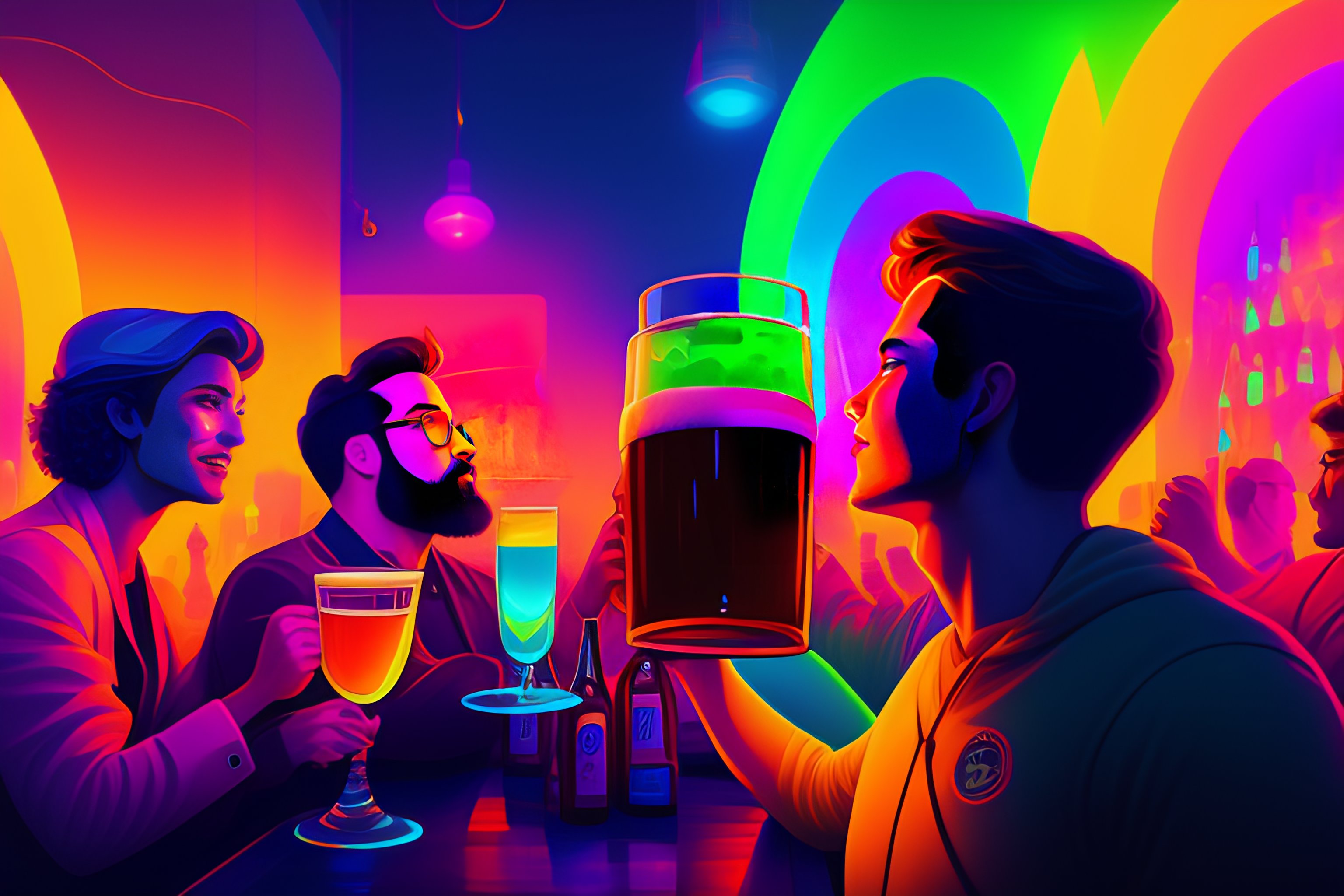 Lexica - Friends cheer with beer in a bar, rainbow colors, gay ...