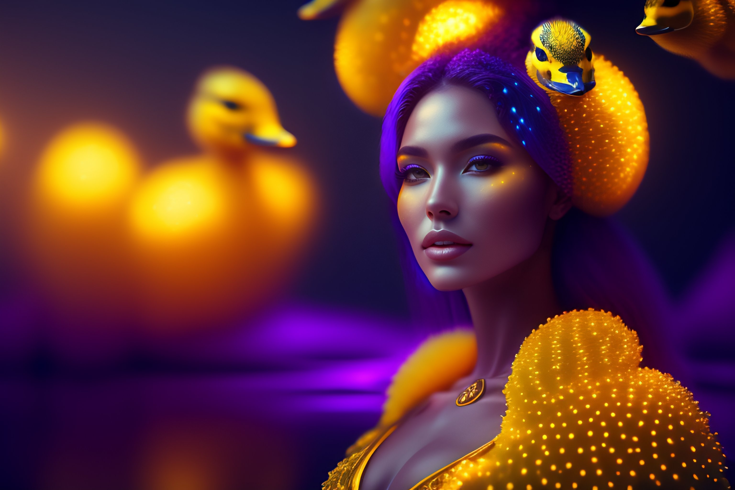 Lexica - Beautiful woman covered in yellow baby ducks; detailed ...