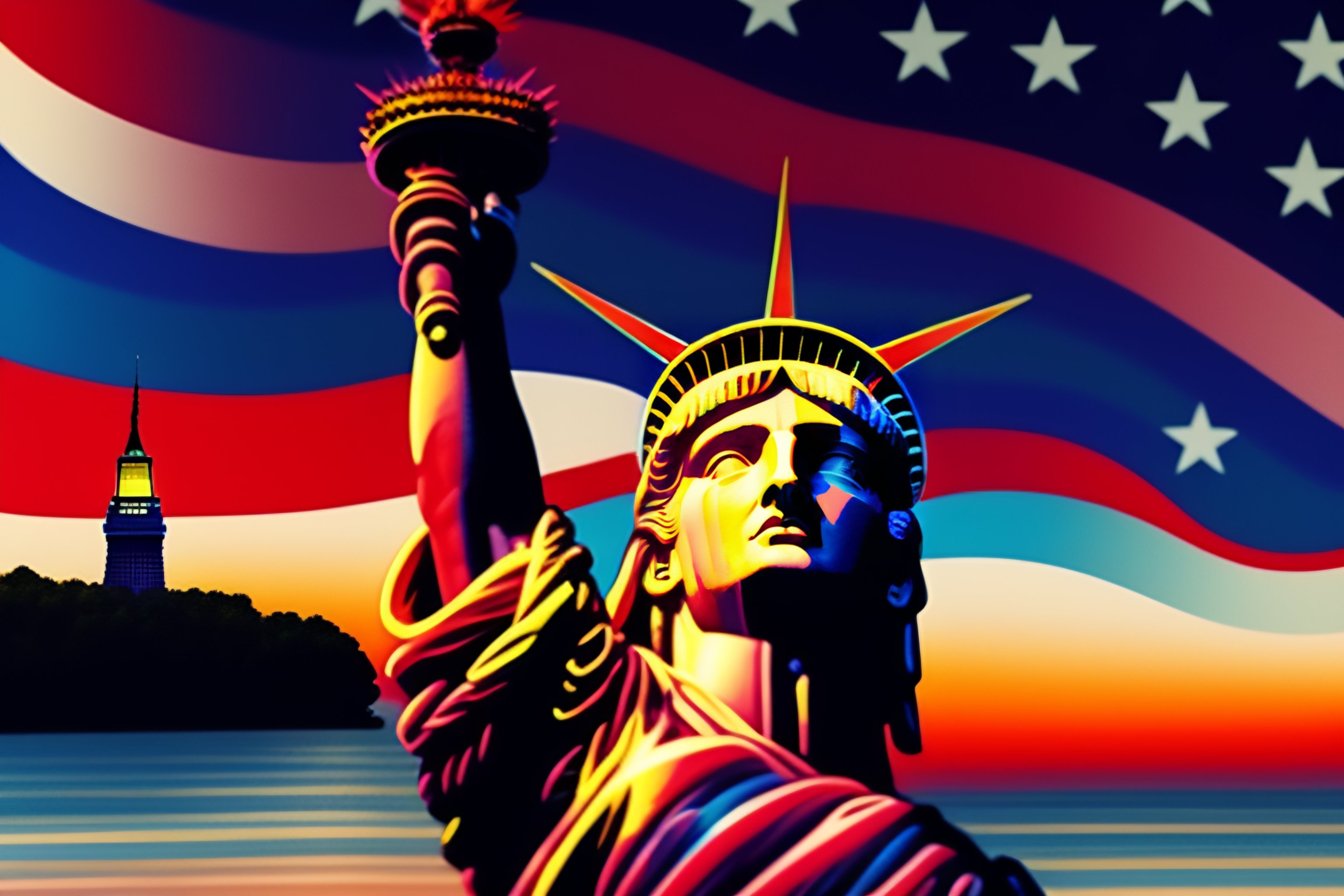Lexica - Bald eagle flying over statue of liberty wearing red, blue ...