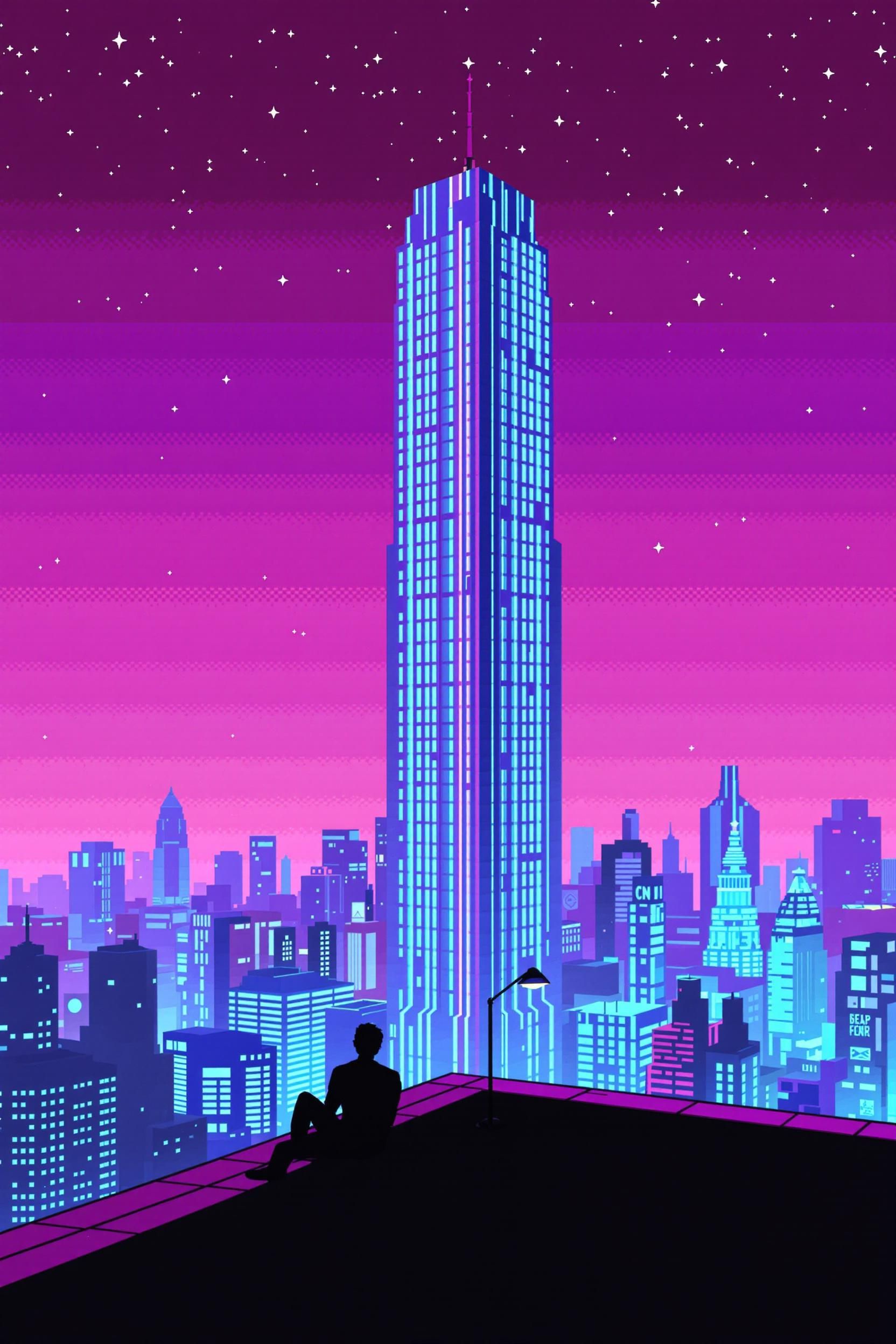 Lexica - 8 bit style man silhouette sitting on skyscraper night scene ...