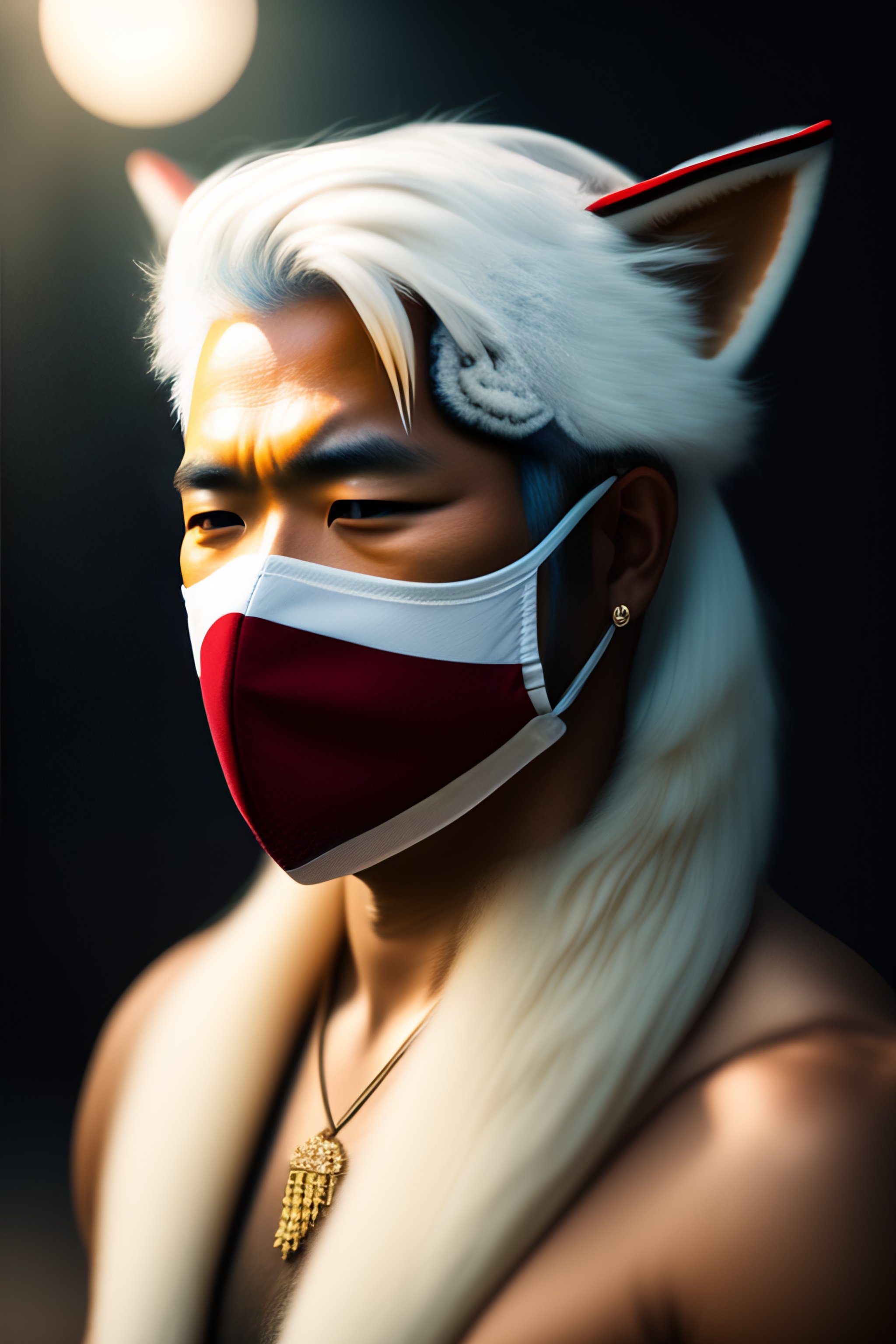 Lexica - A person with sad eyes with a kitsune mask hanging close to ...