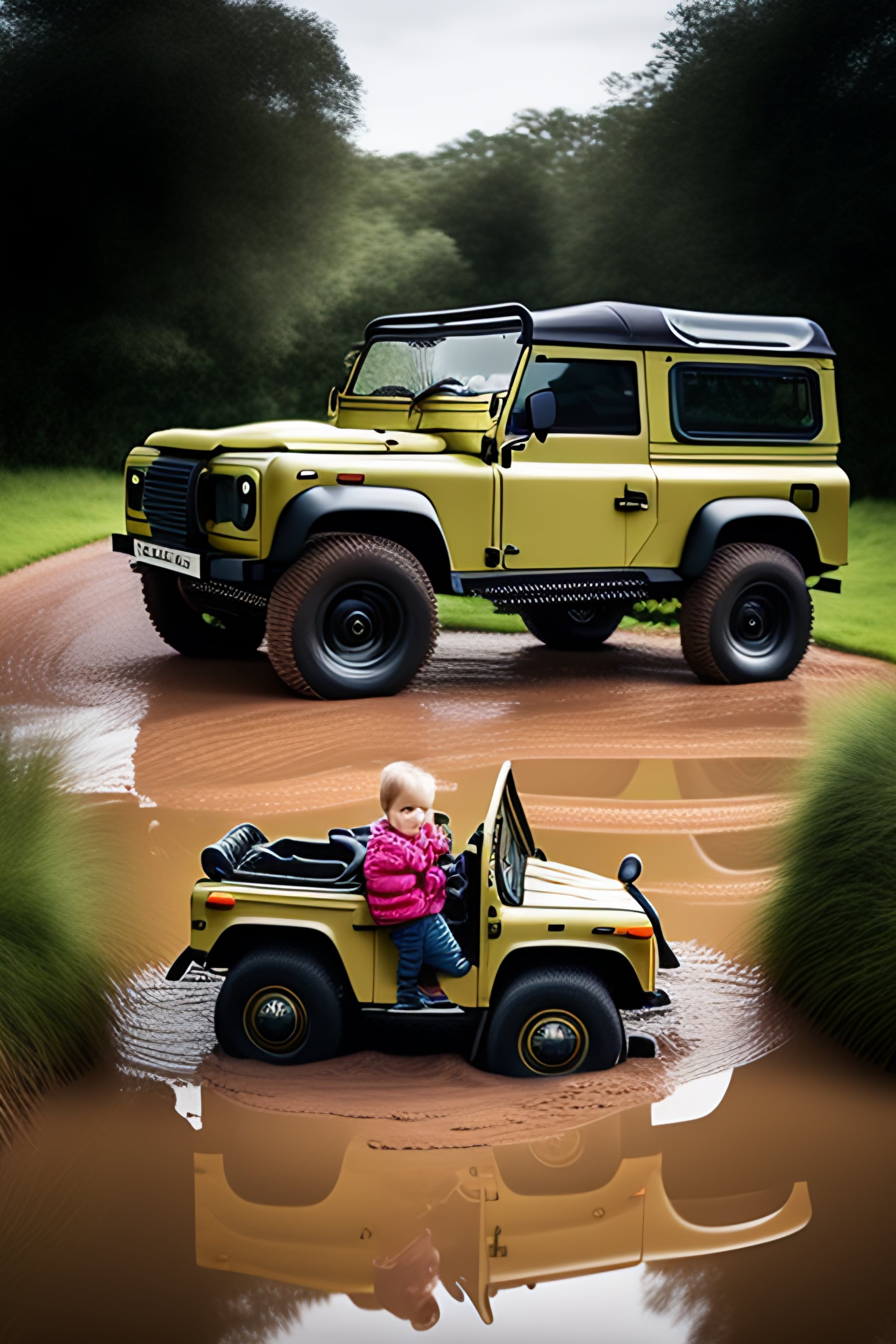 Lexica - A portrait of a child pushing an old Land Rover Defender ...