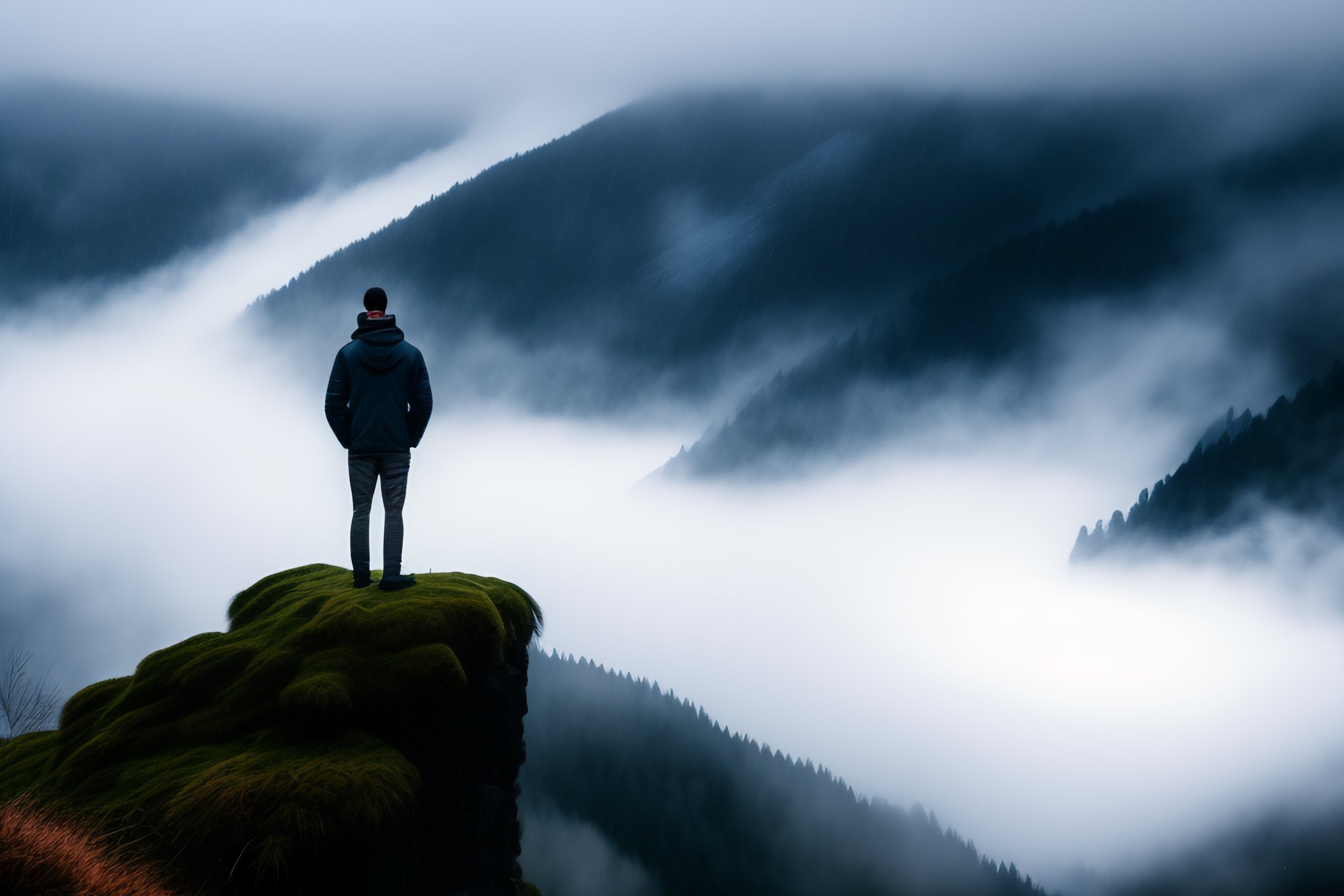 Lexica - A lone man stands at the edge of a mountain cliff, overlooking ...