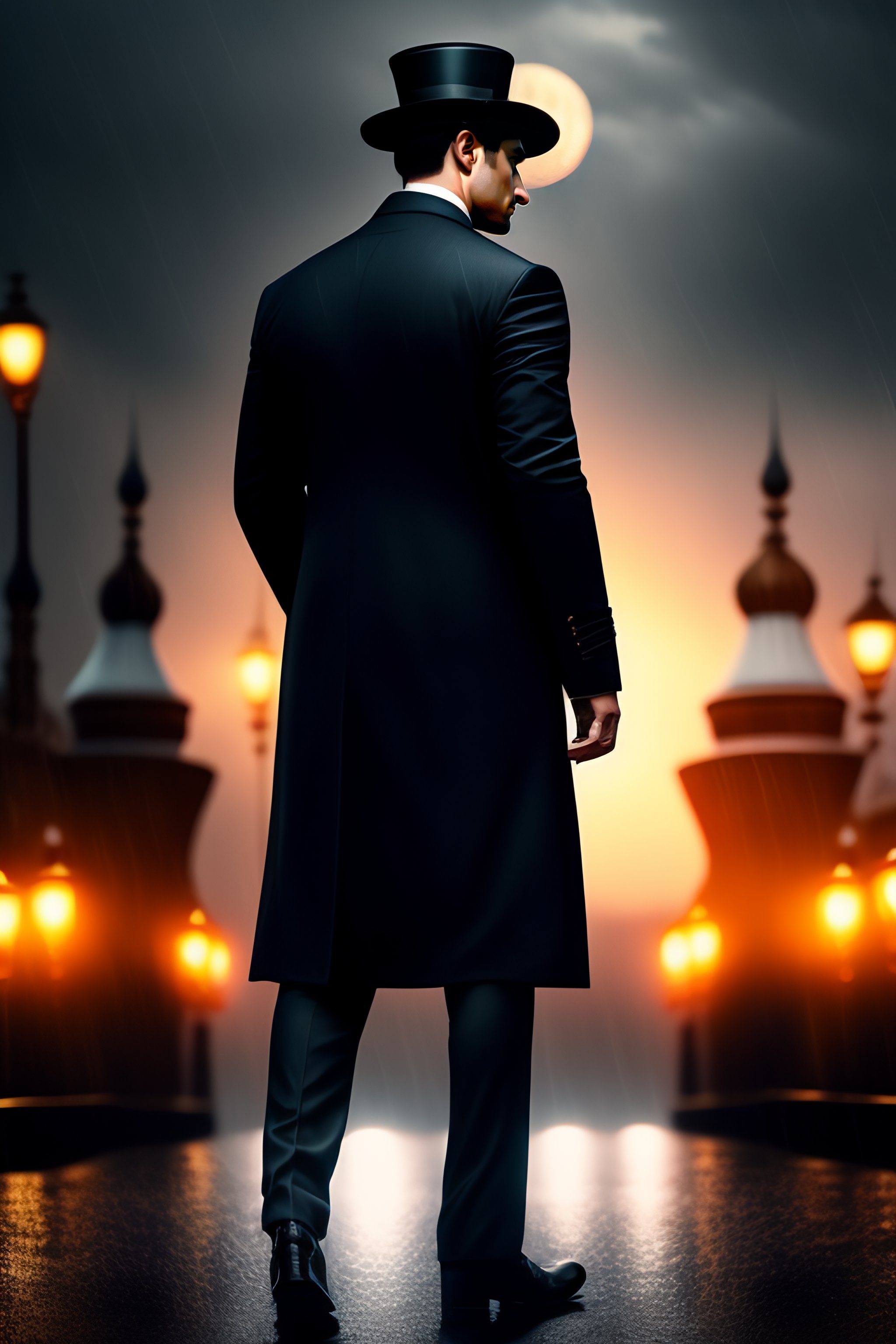 Lexica - A rainy dark nightscene of a man wearing a bowler hat and ...