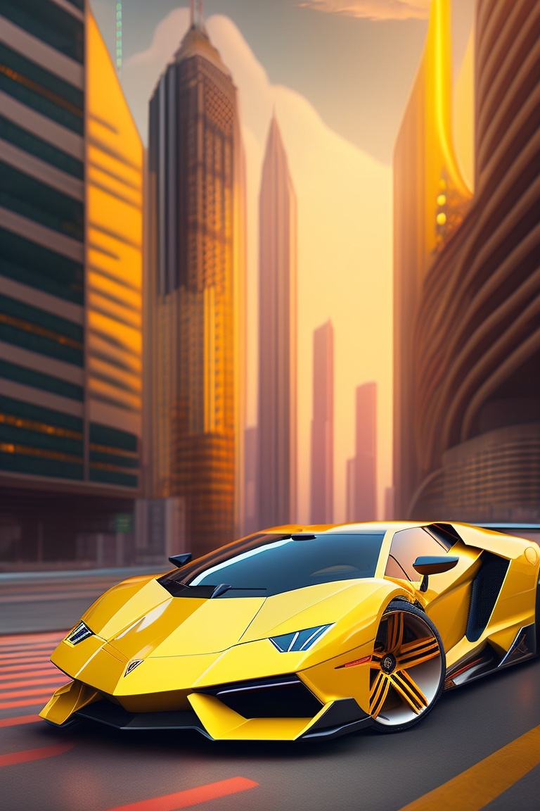 Lexica - A futuristic yellow lambo parked in front of a city ...