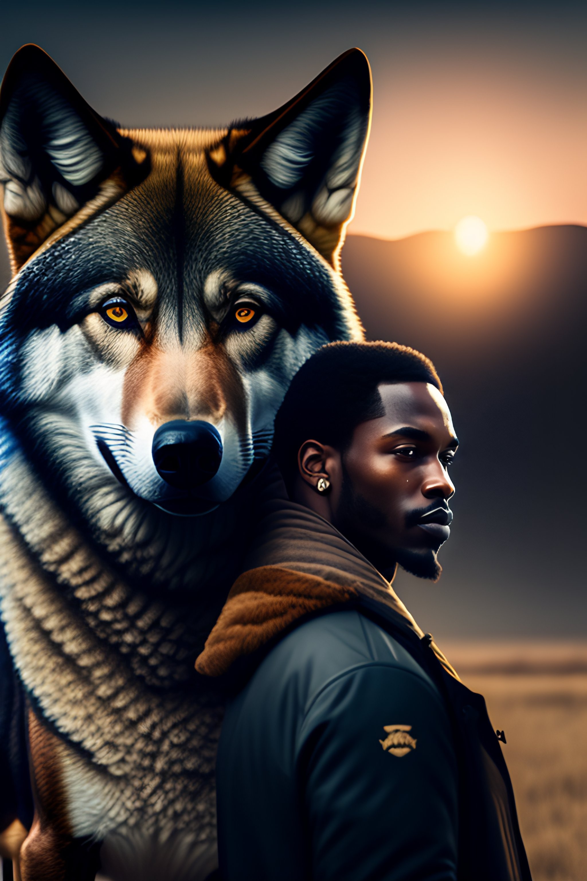 Lexica - A black person with a wolf behind him