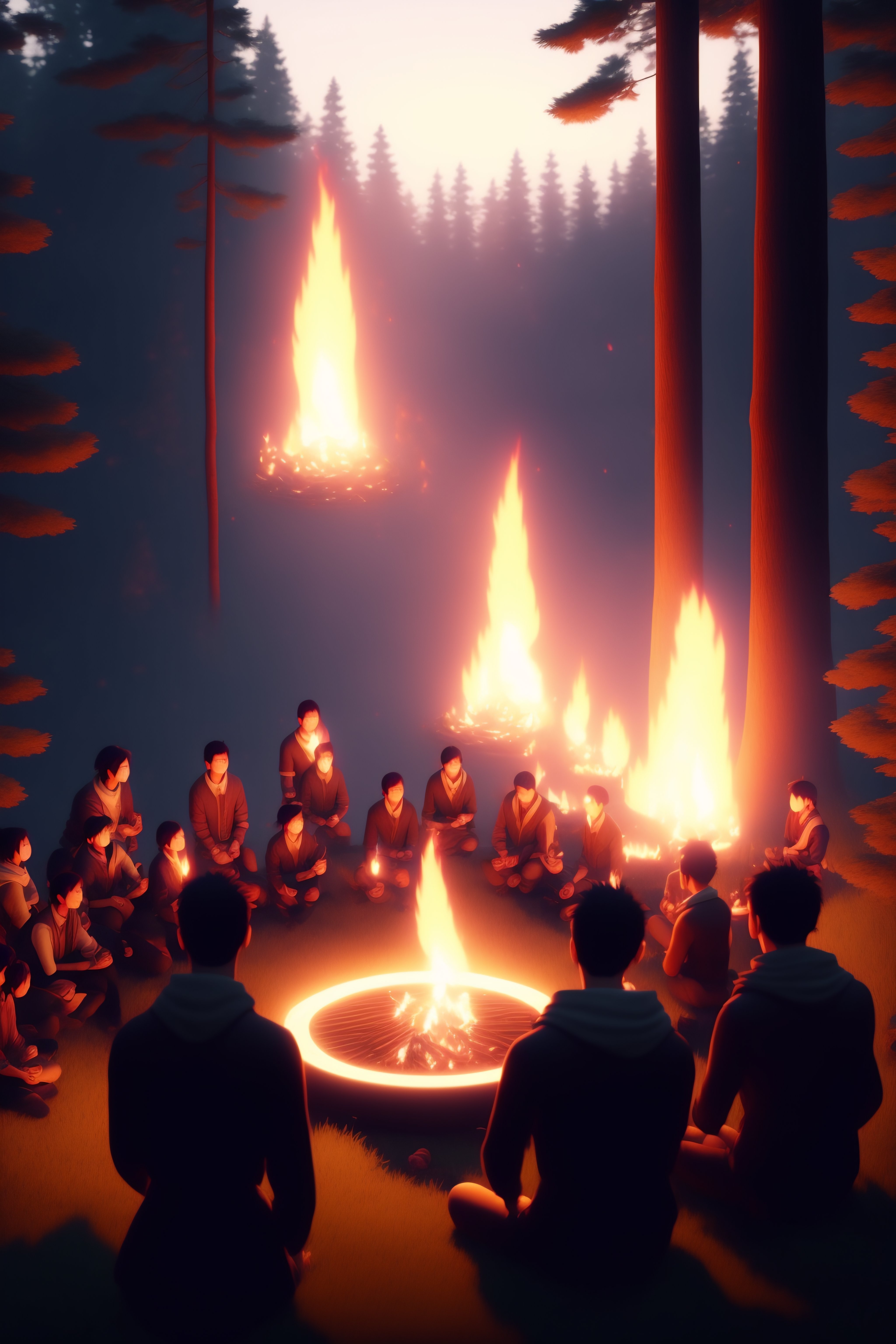 Lexica - A film still campfire in Japanese forest of a dozen of people ...
