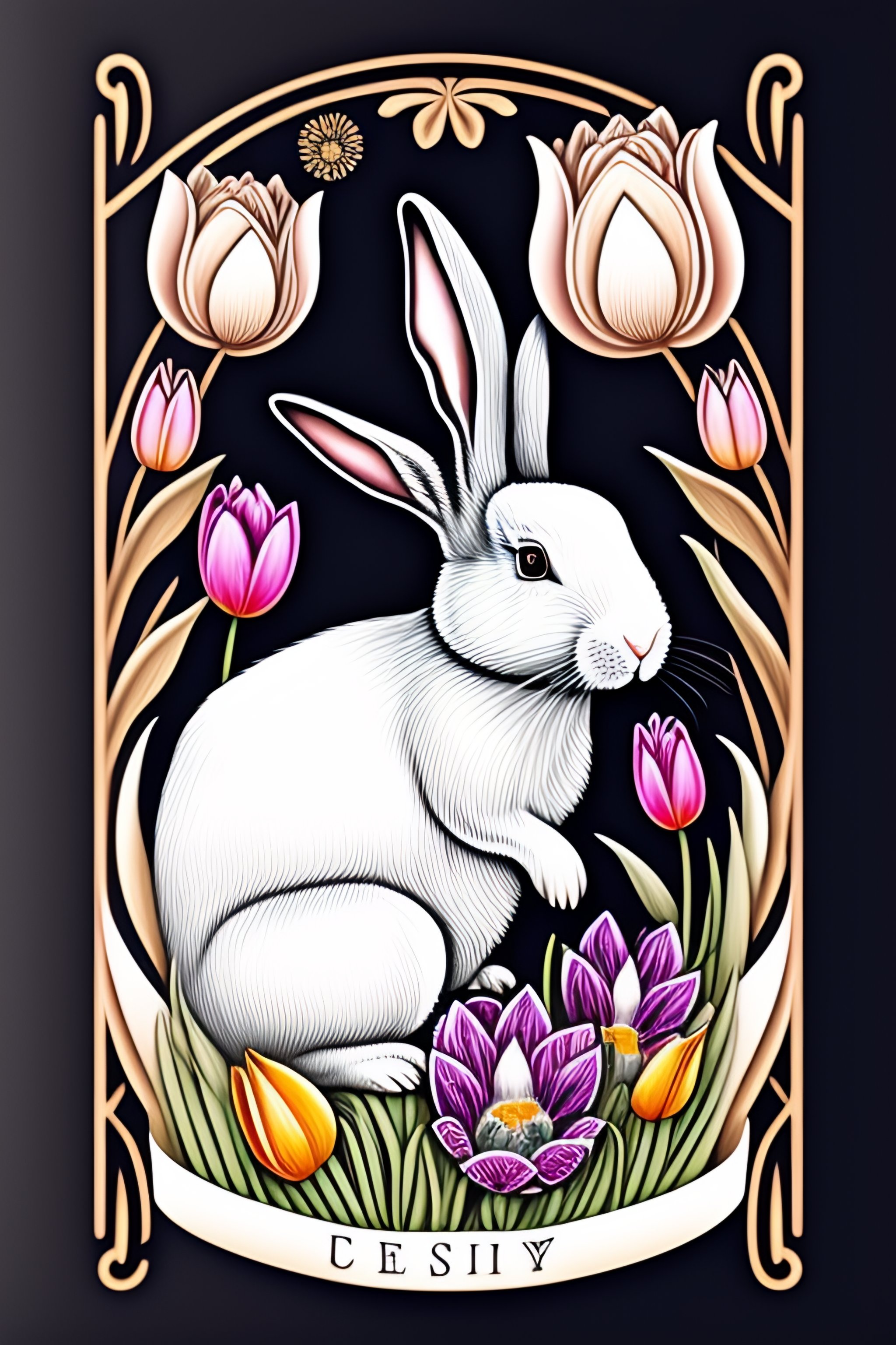 Lexica - Easter rabbits, decorated eggs, tulips flowers, tarot card ...