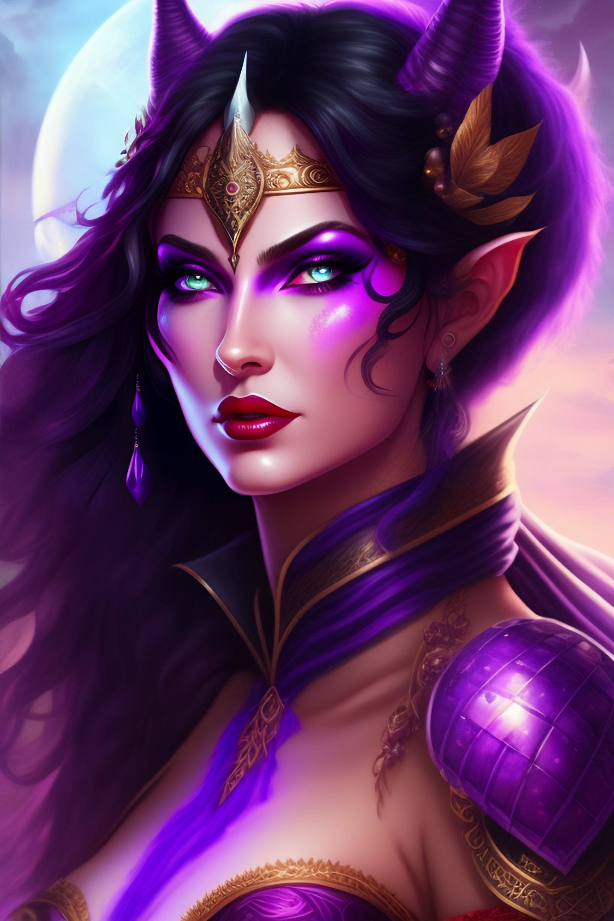 Lexica - Devil purple tiefling woman purple skin dark black hair ocean blue eyes sorcerer ...