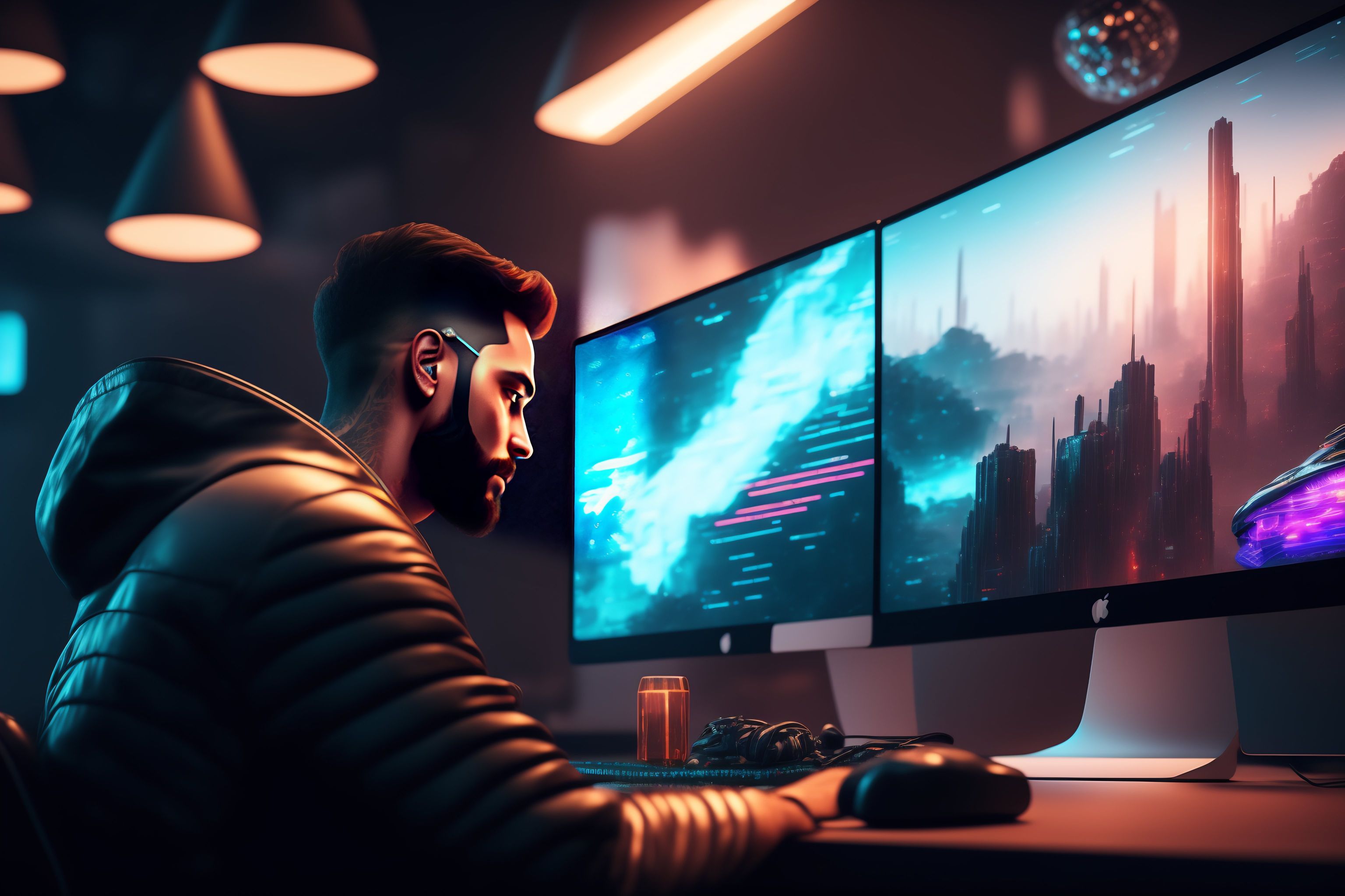 Lexica - Realistic successful man coding on laptop in gaming room ...